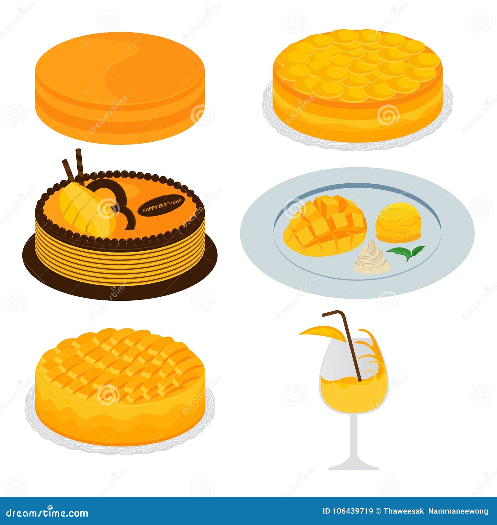 Set of Mango Cake and Dessert Stock Vector - Illustration of glass ...