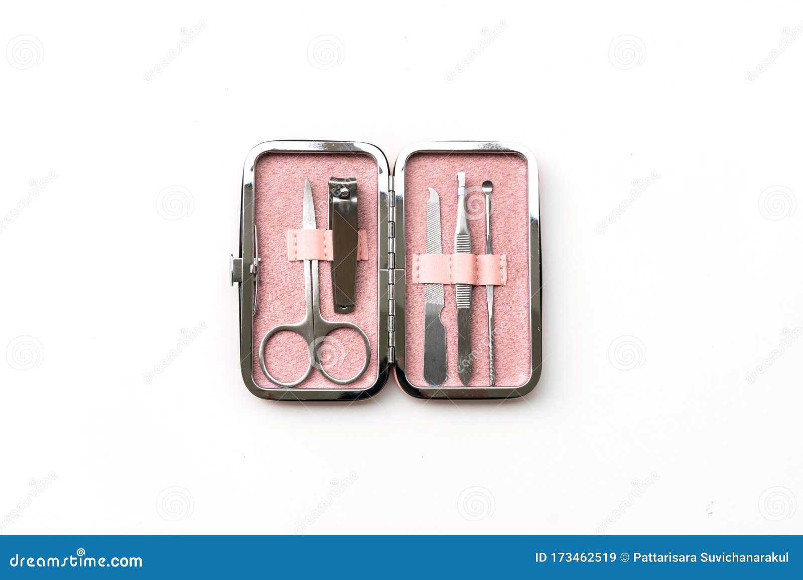 Set of Manicure Instruments and Tools in the Pink Case Isolated on ...