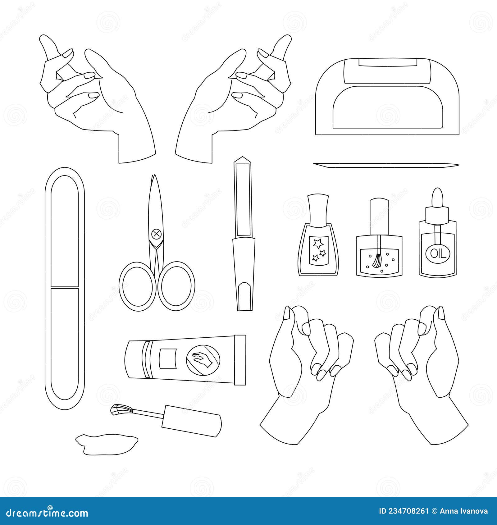 Set of Manicure Tools and Famale Hands Outline Illustration Stock ...