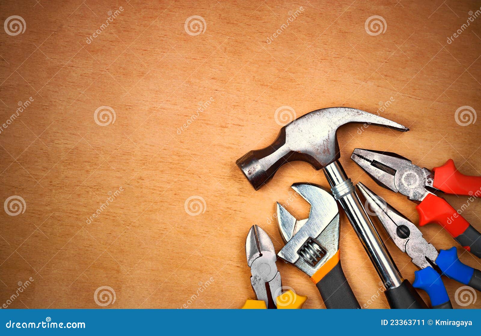 Set of Manual Tools Over a Wood Panel Stock Image - Image of space ...