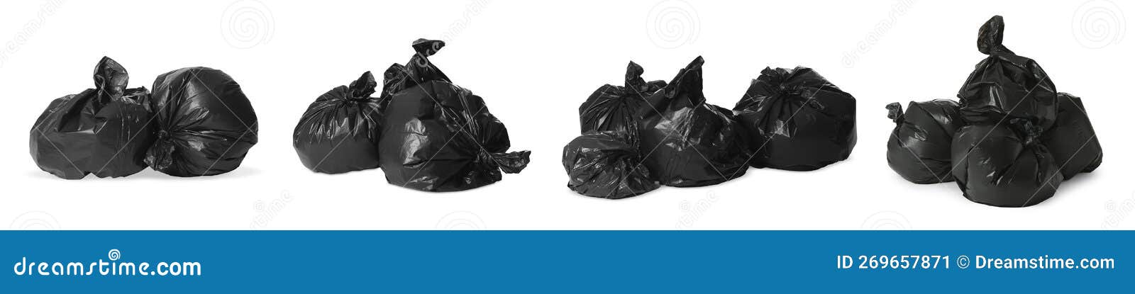 Set with Many Black Trash Bags Full of Garbage on White Background ...