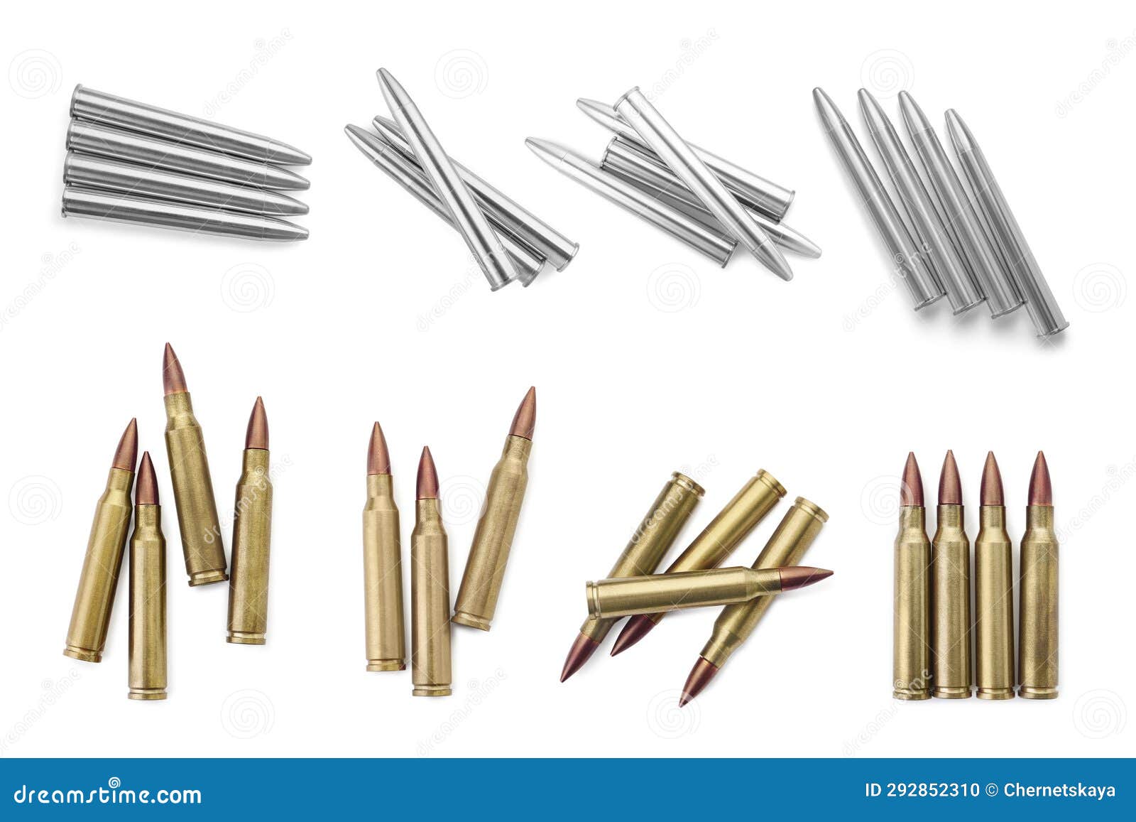 Set of Many Bullets on White Background, Top View Stock Photo - Image ...