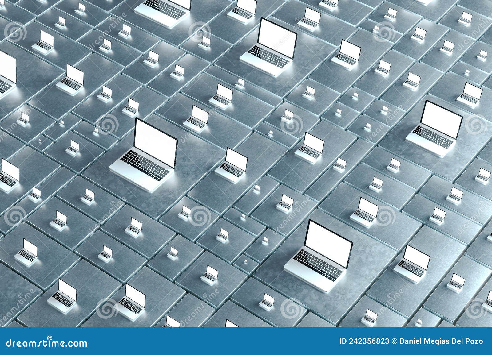 Set of Many Open Laptops with White Screens. 3d Render Stock ...