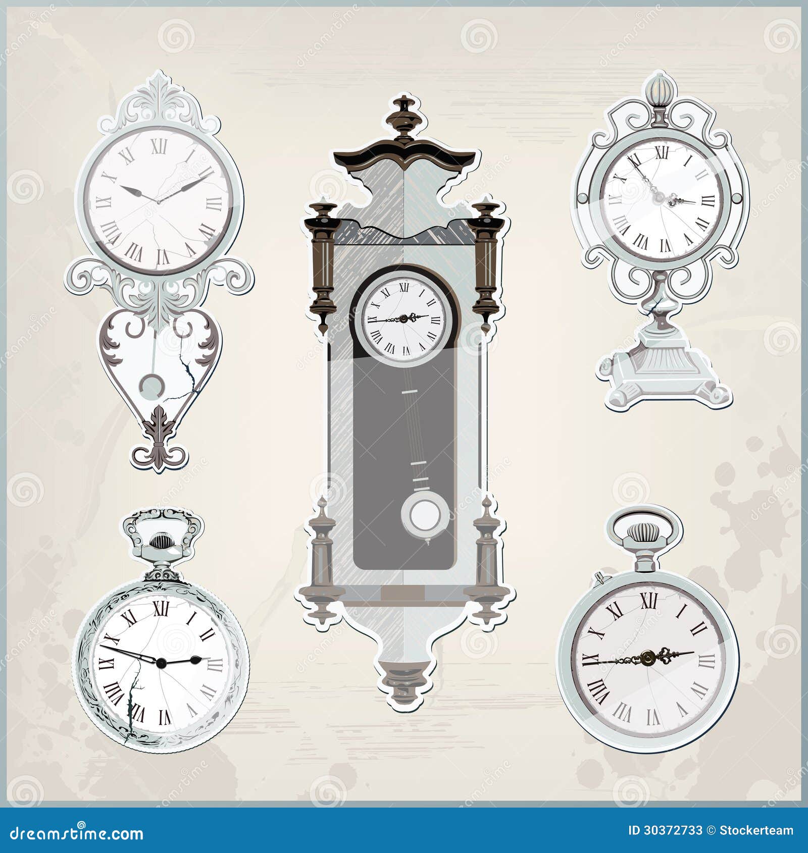 Set of Many Vintage Retro Clocks Stock Illustration - Illustration of ...