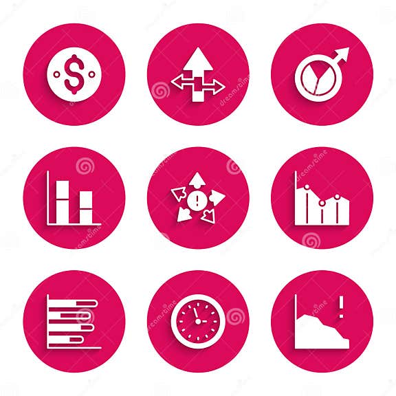 Set Many Ways Directional Arrow, Clock, Financial Growth Decrease, Pie Chart Infographic, Graph ...