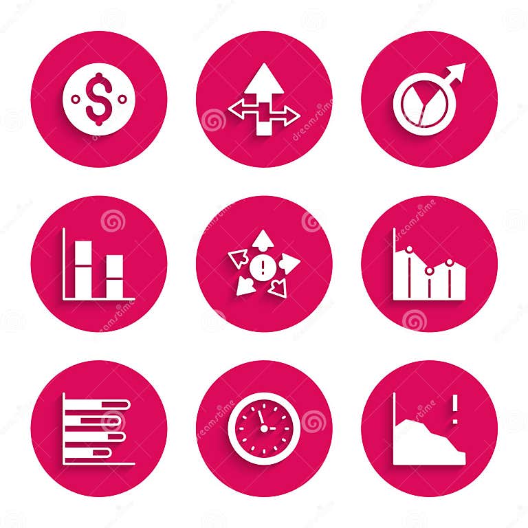 Set Many Ways Directional Arrow, Clock, Financial Growth Decrease, Pie Chart Infographic, Graph ...