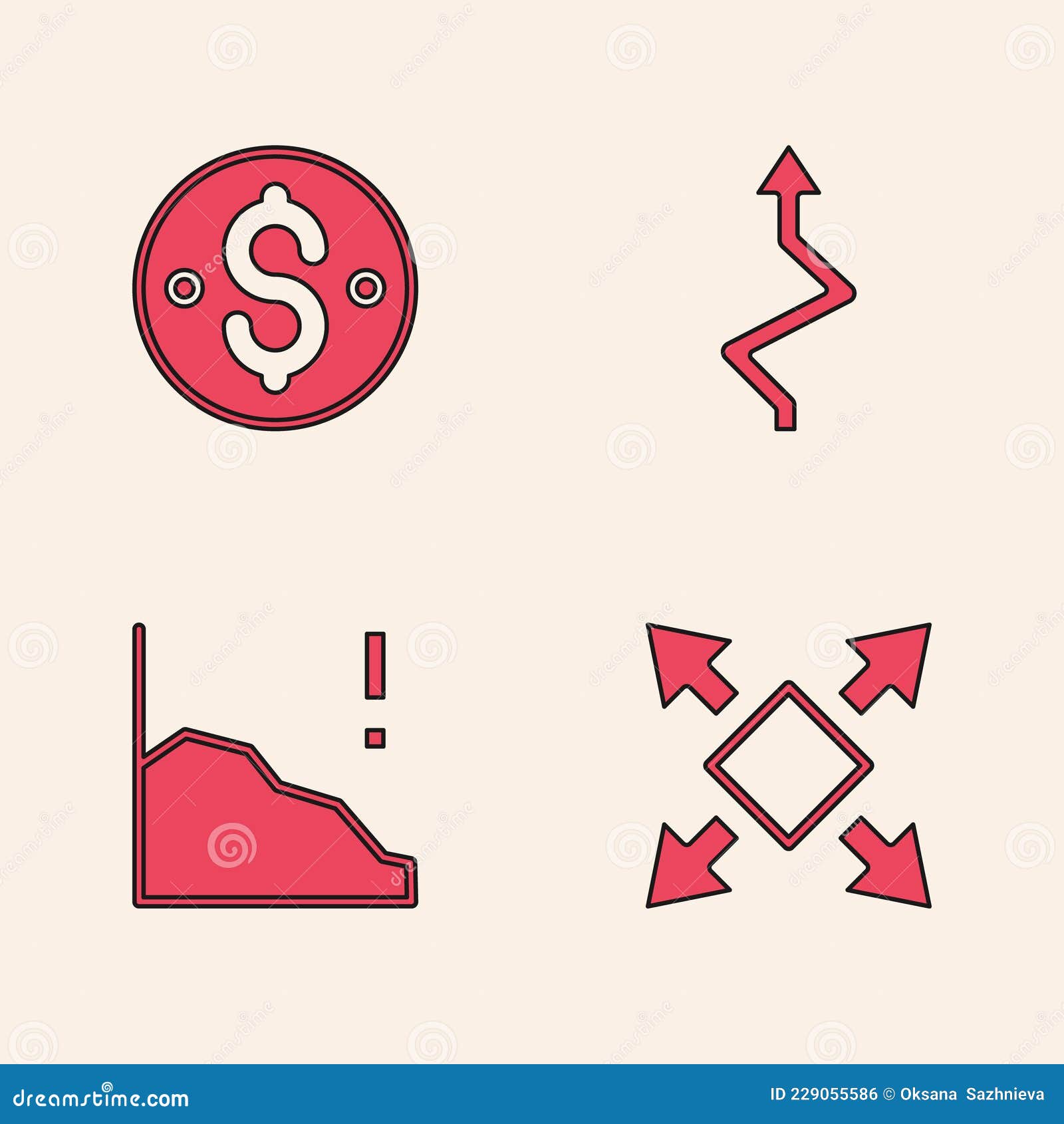 Set Many Ways Directional Arrow, Dollar Symbol, Arrow and Financial Growth Decrease Icon. Vector ...