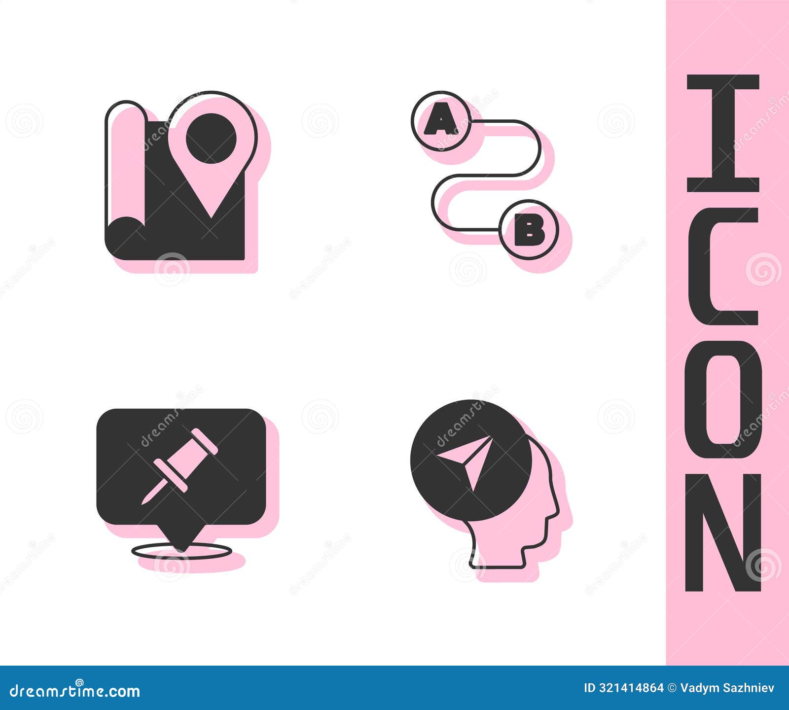 Set Map Marker with Human, Folded Map Location, Push Pin and Route Icon ...