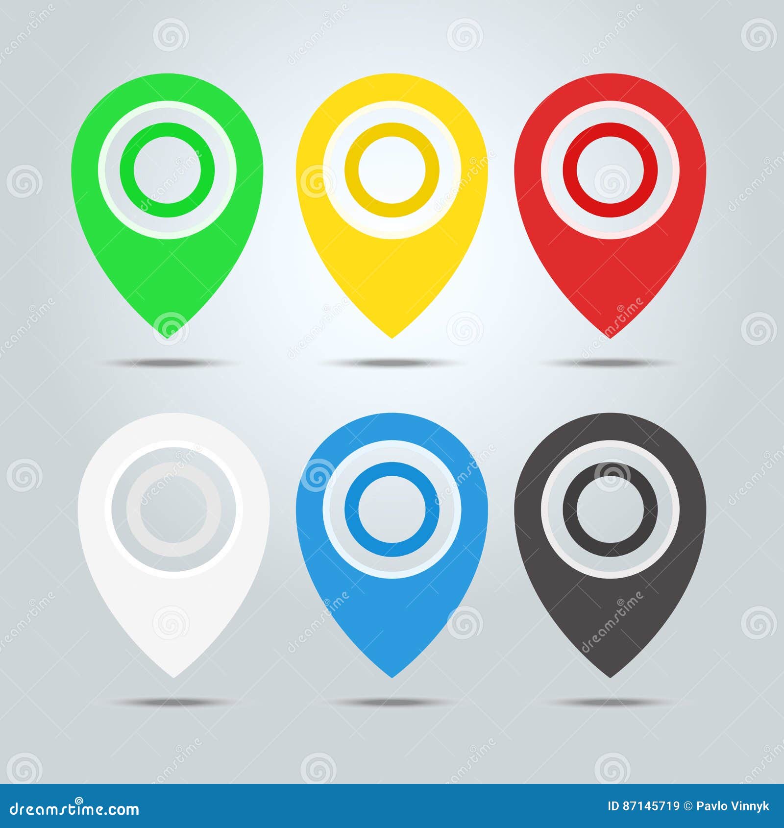 Set Of Map Markers, Map Pins, Pointer Elements. 6 Colors, Orange, Blue ...