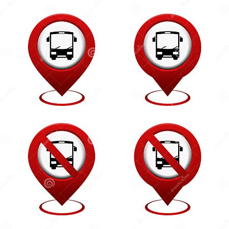 Set of Map Pointer with Bus Icon. Red Map Pin. Bus Path and Not Bus Path. Bus Station Pin ...