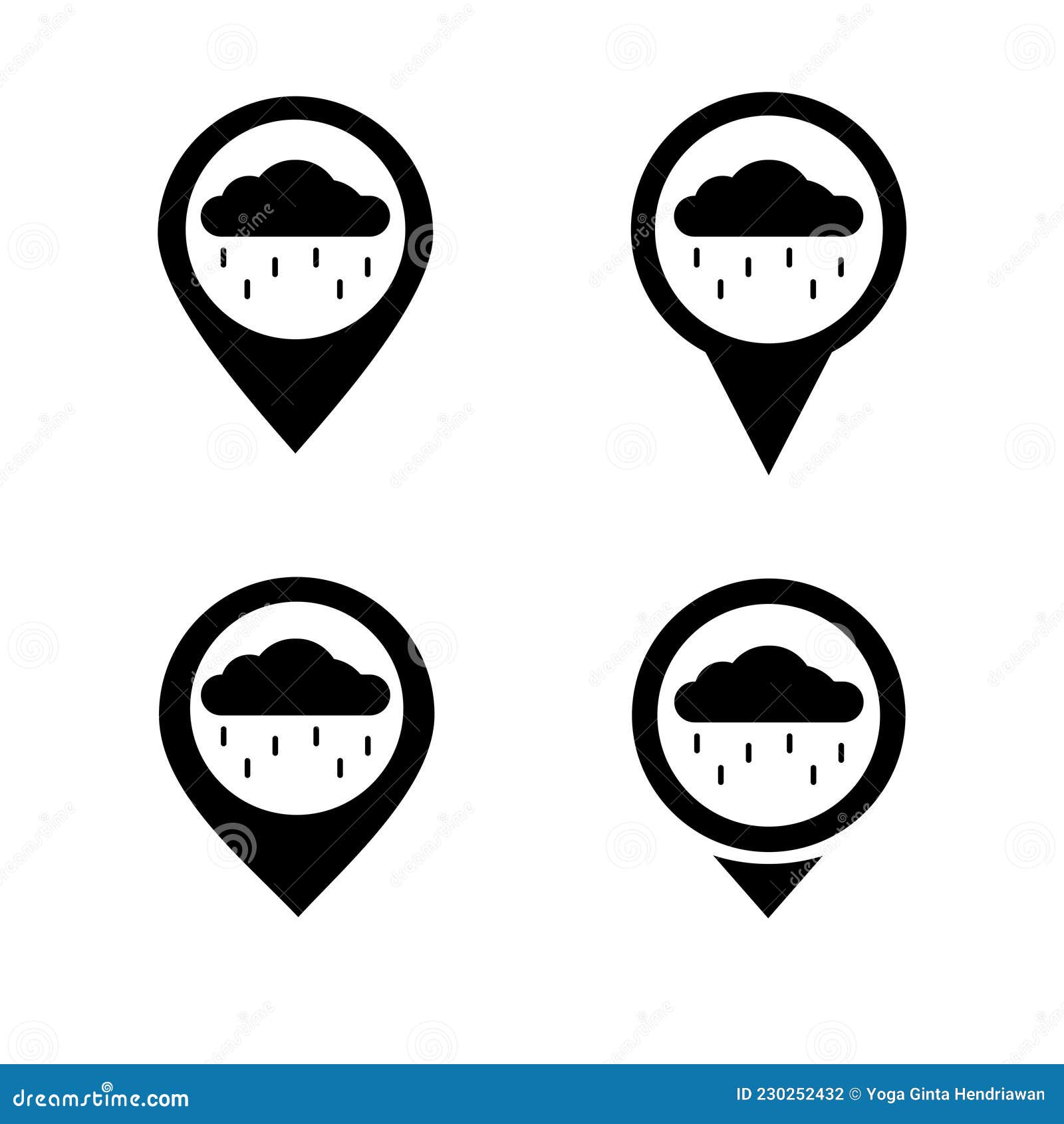 Set of Map Pointer with Cloud and Rain Icon. Downpour, Rainfall. Rain ...