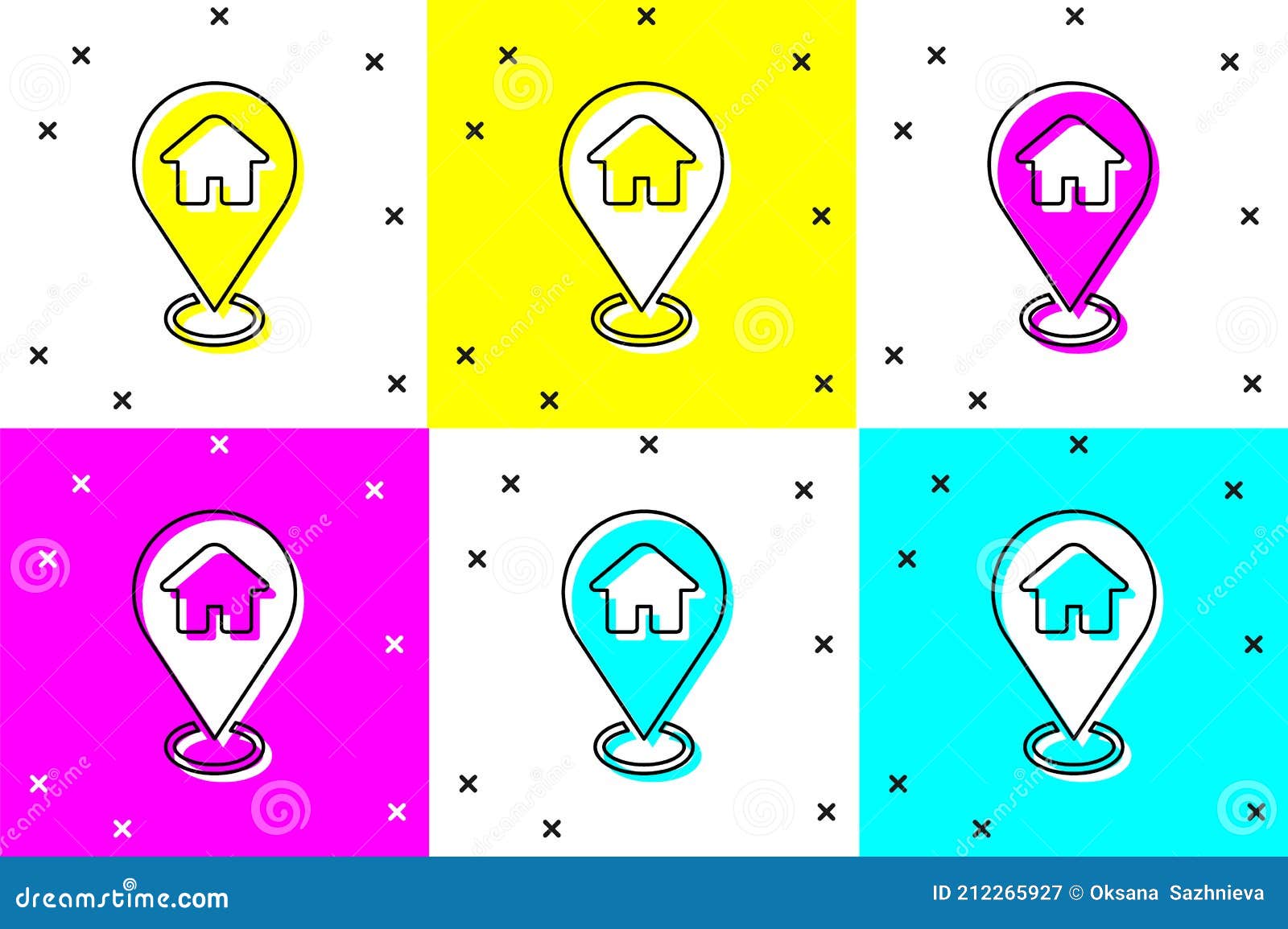 Set Map Pointer with House Icon Isolated on Color Background. Home Location Marker Symbol Stock ...