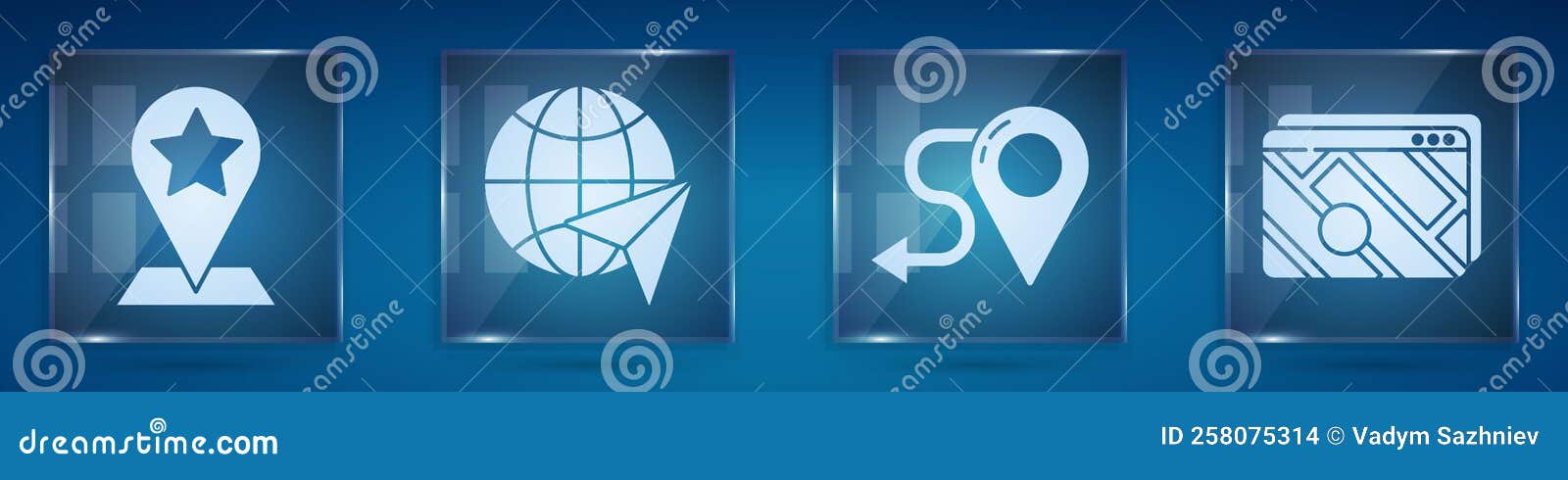 Set Map Pointer with Star, Globe with Flying Plane, Route Location and ...