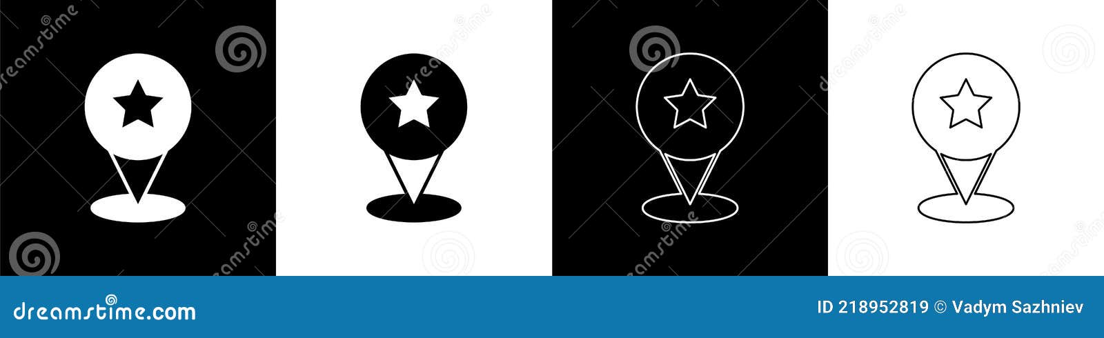 Set Map Pointer with Star Icon Isolated on Black and White Background ...