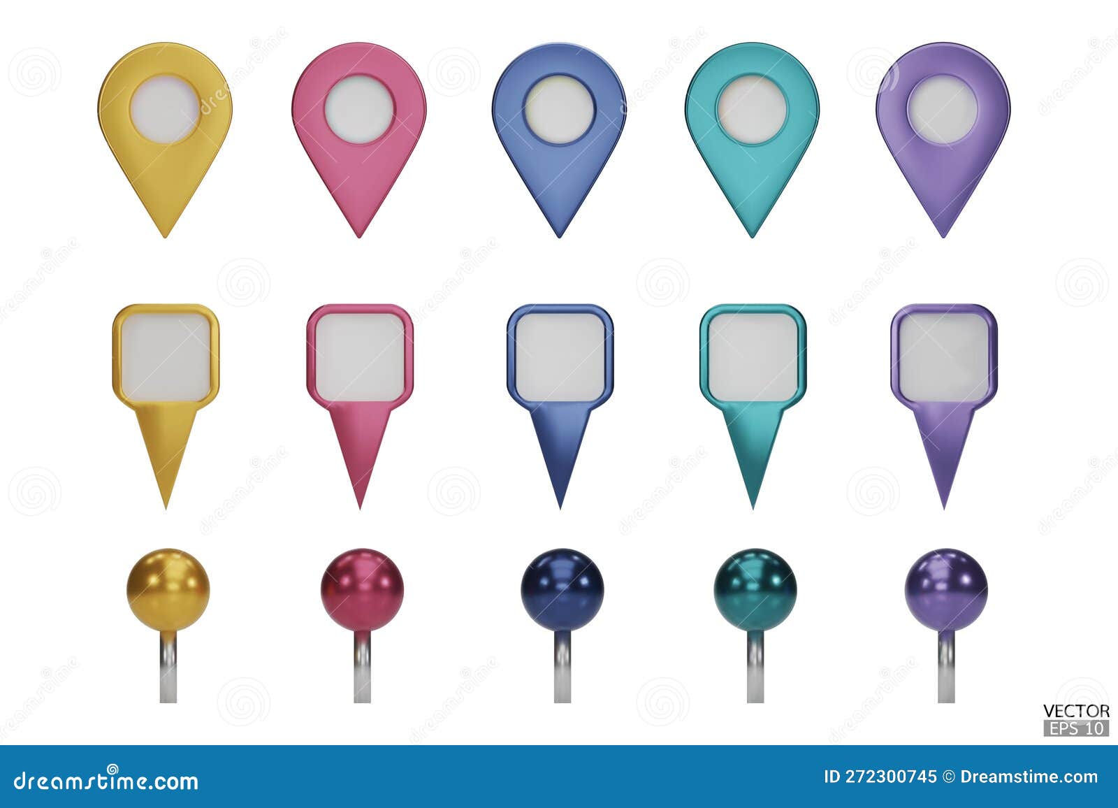 Set of Map Pointers in Metallic Colors Isolated on White Backgrounds ...