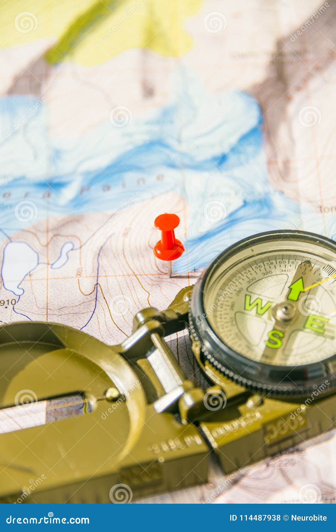 Set of Map, Red Push Pin and Compass for Successful Traveler Stock ...