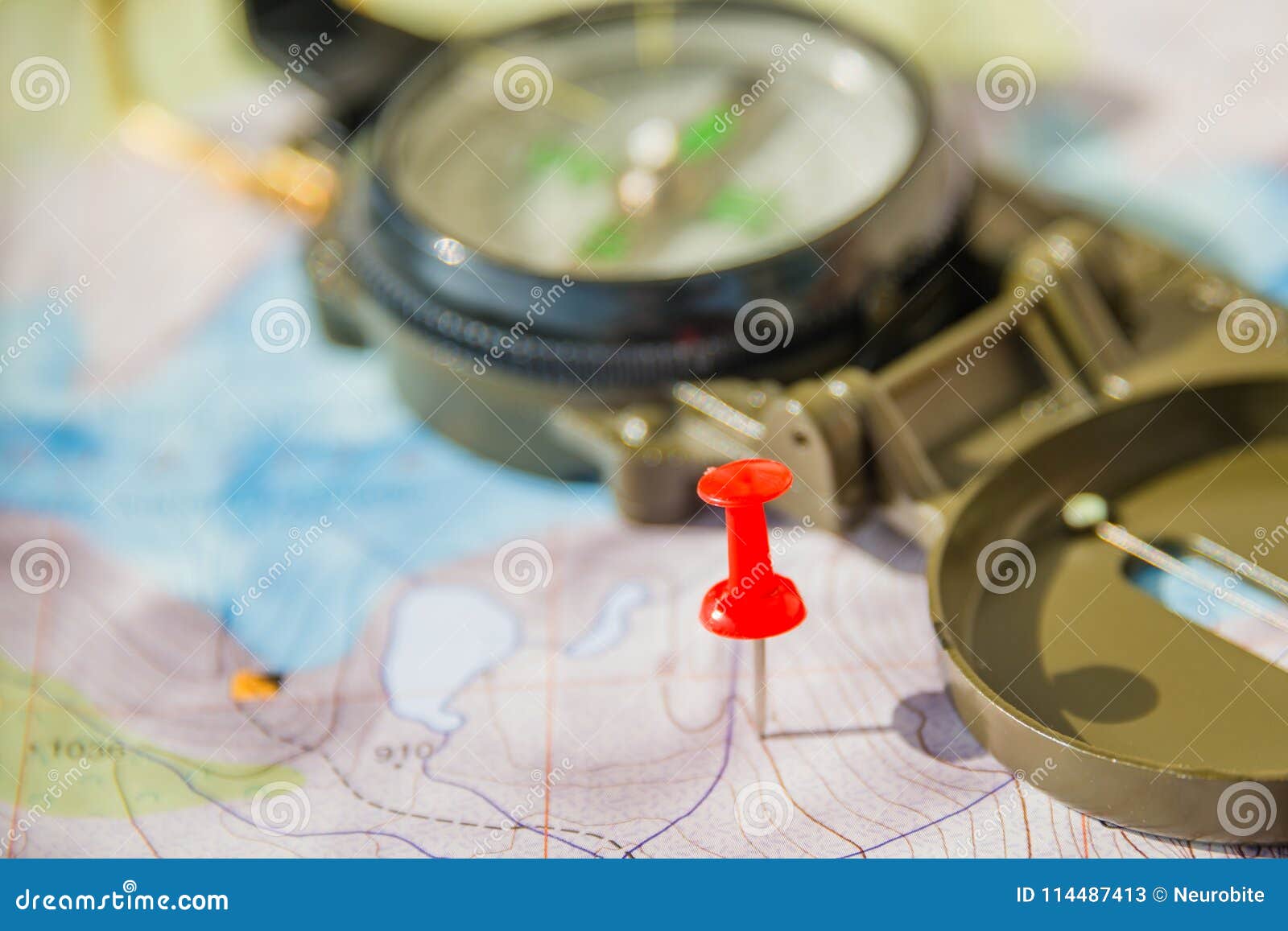 Set of Map, Red Push Pin and Compass for Successful Traveler Stock ...