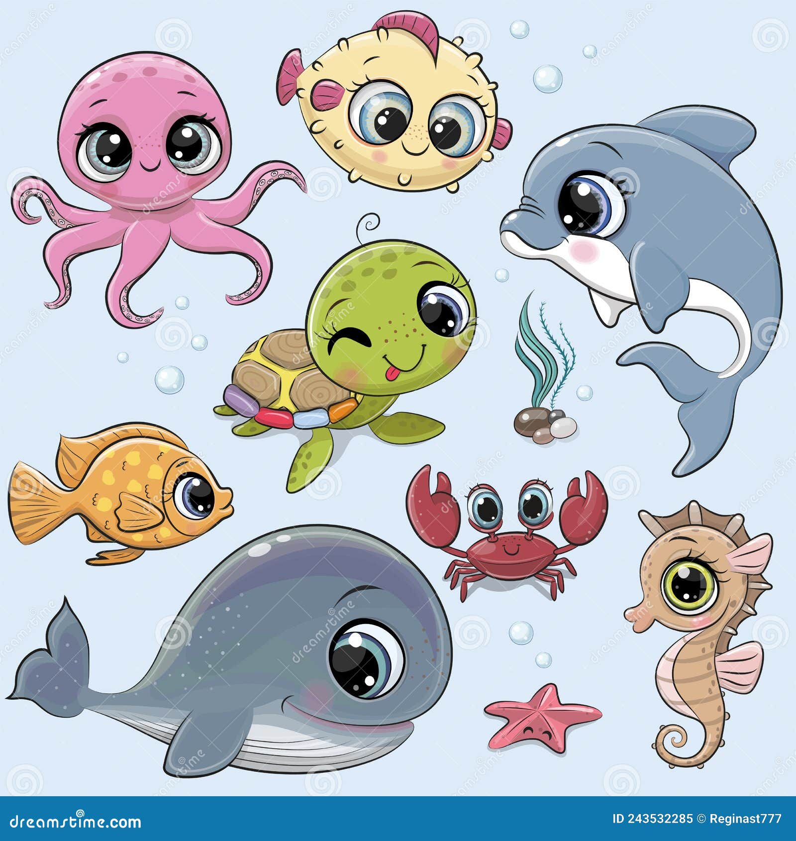 Set of Marine Animals Isolated on a Blue Background Stock Vector ...