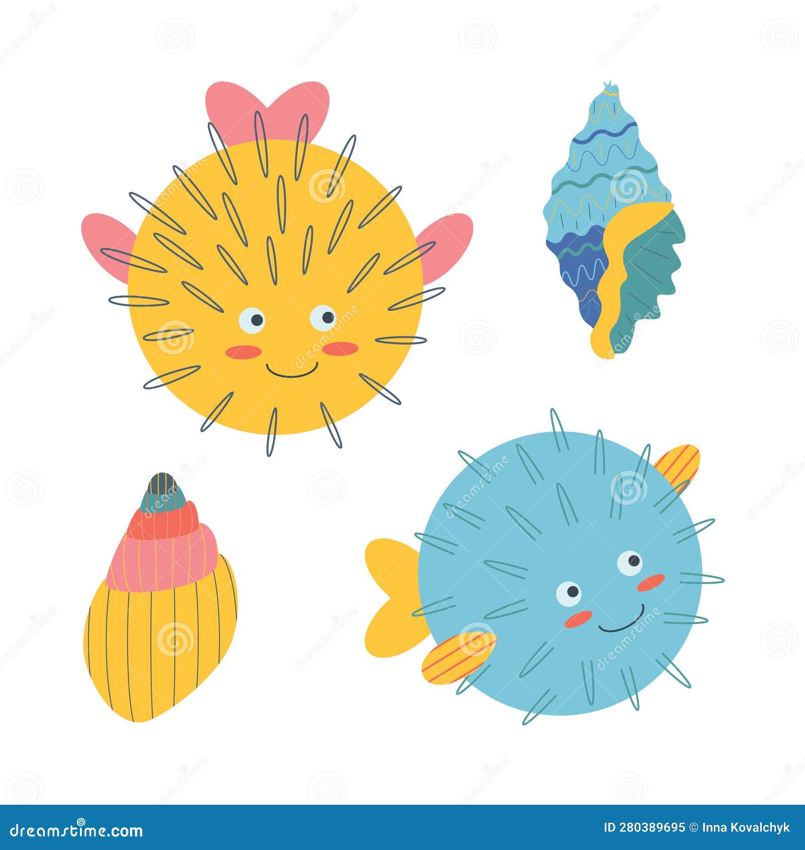 Set of Marine Elements of Fish, Puffer Fish, Shells in Flat Cartoon ...