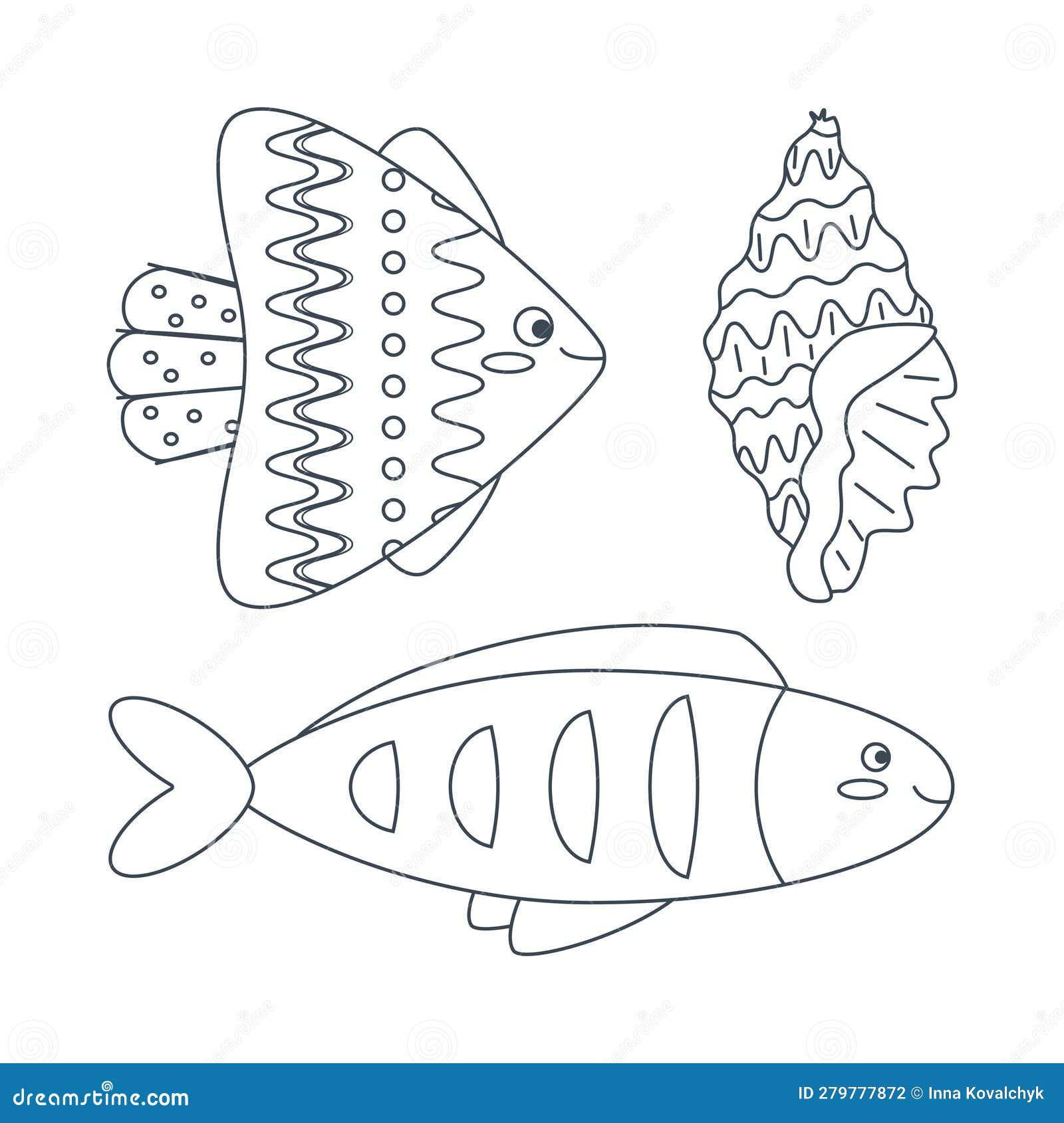 Set of Marine Elements of Fish, Shells in Flat Cartoon Style. Line Art ...