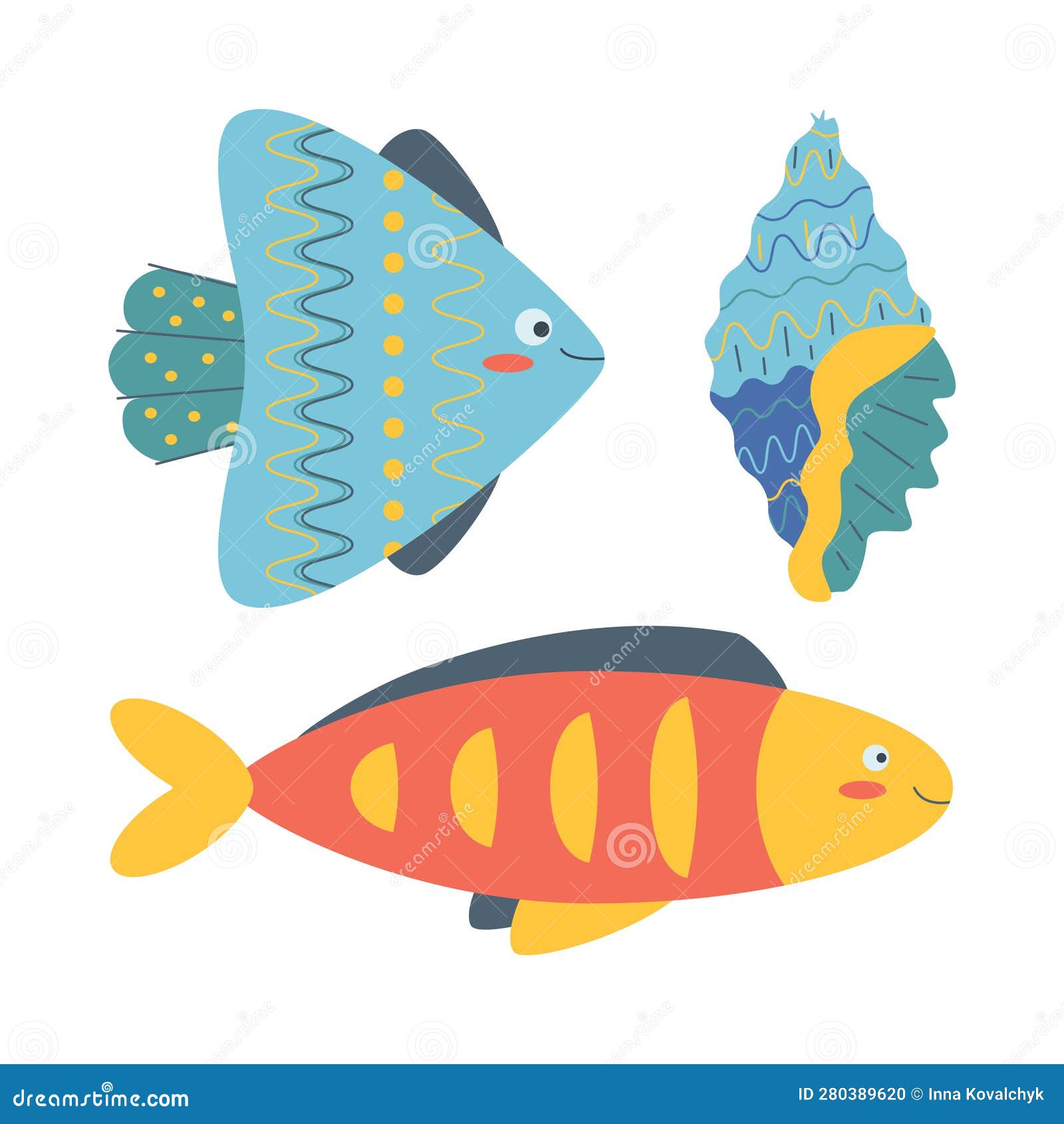 Set of Marine Elements of Fish, Shells in Flat Cartoon Style Stock ...