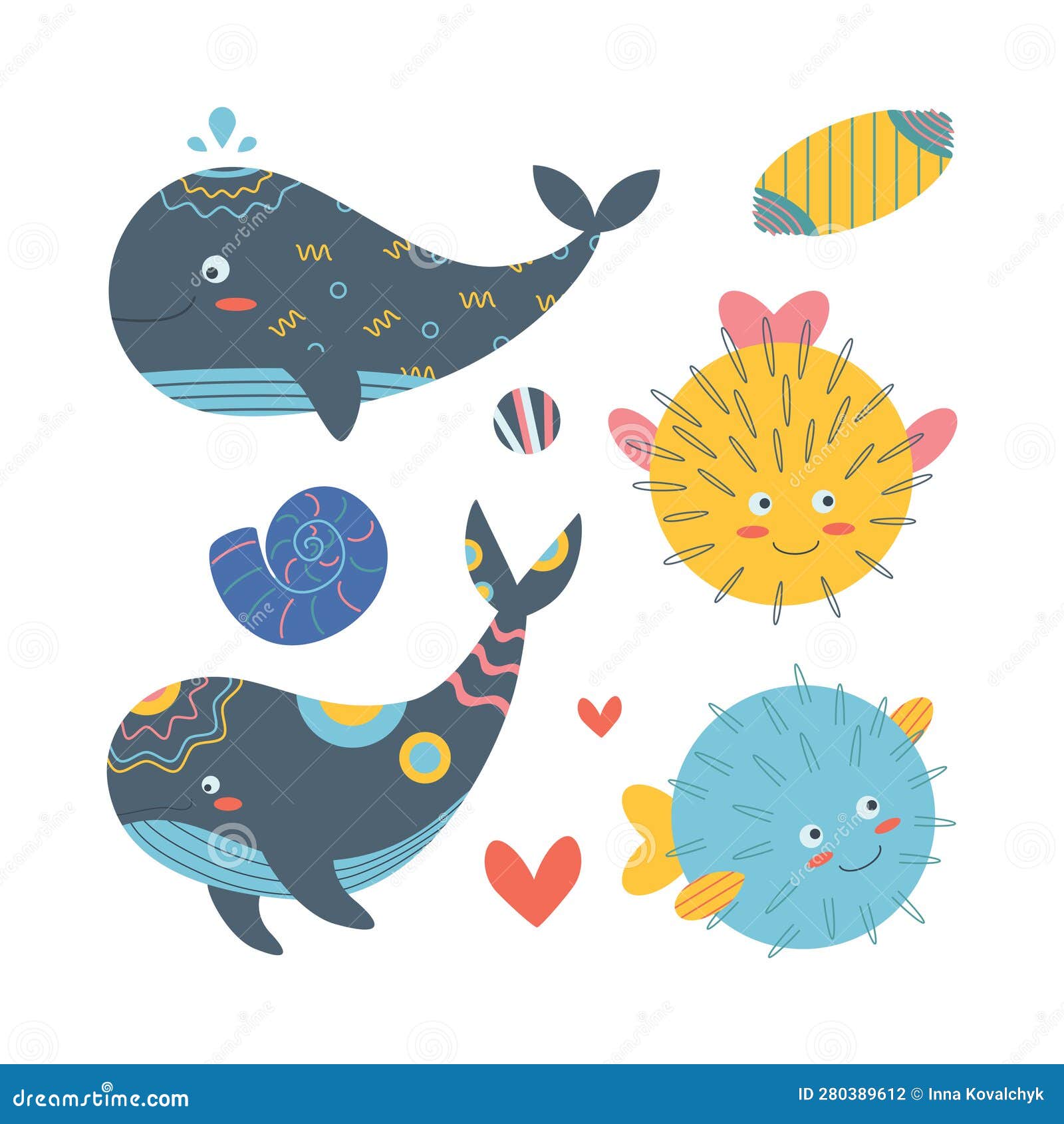 Set of Marine Elements of Fish, Shells, Puffer Fish, Whale in Flat ...