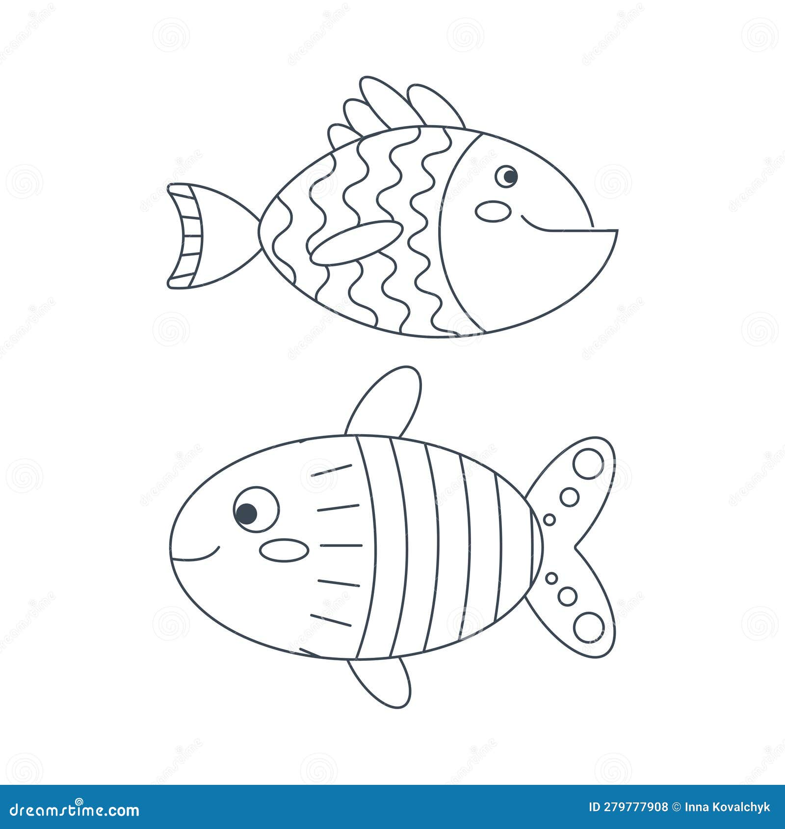 Set of Marine Fish Elements in Flat Cartoon Style. Line Art Stock ...