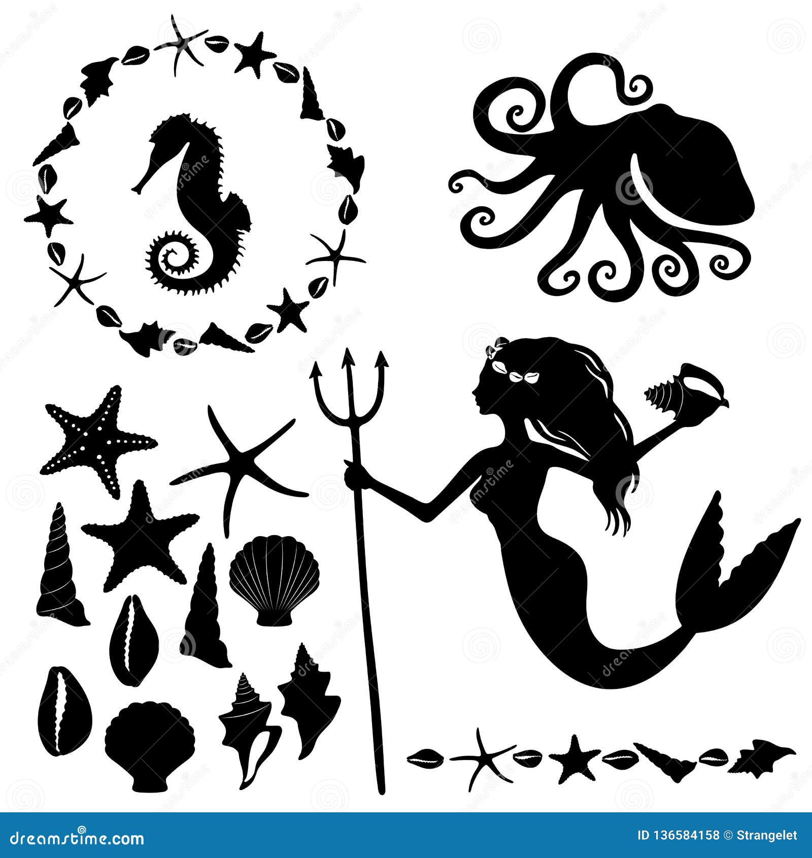 Set of Marine Life Silhouettes, Mermaid Holding Trigoa Nad Conch Shell ... Set of Marine Life Silhouettes, Mermaid Holding Trigoa Nad Conch Shell ...