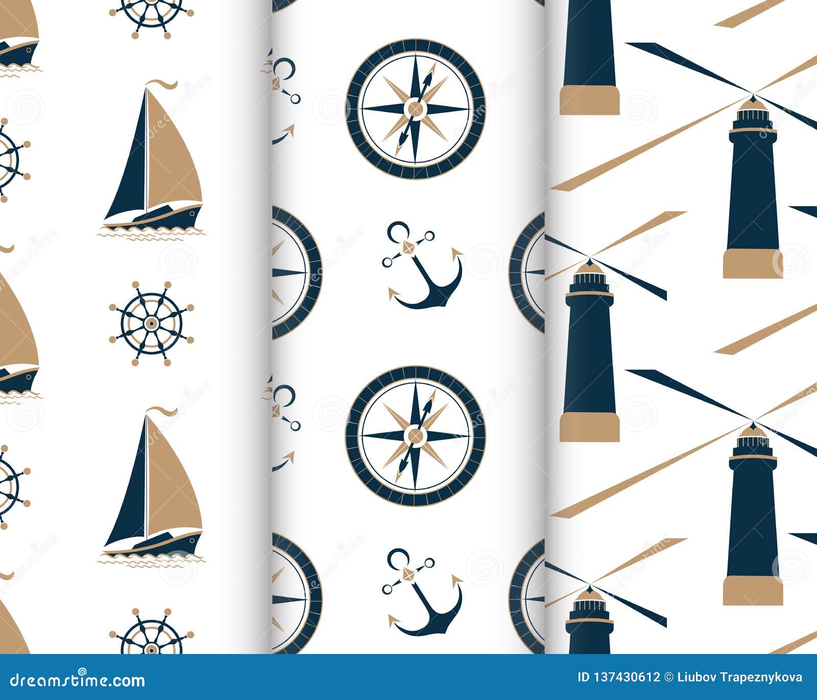 Set of Marine Seamless Patterns with Ship, Anchor, Nautical Compass ...