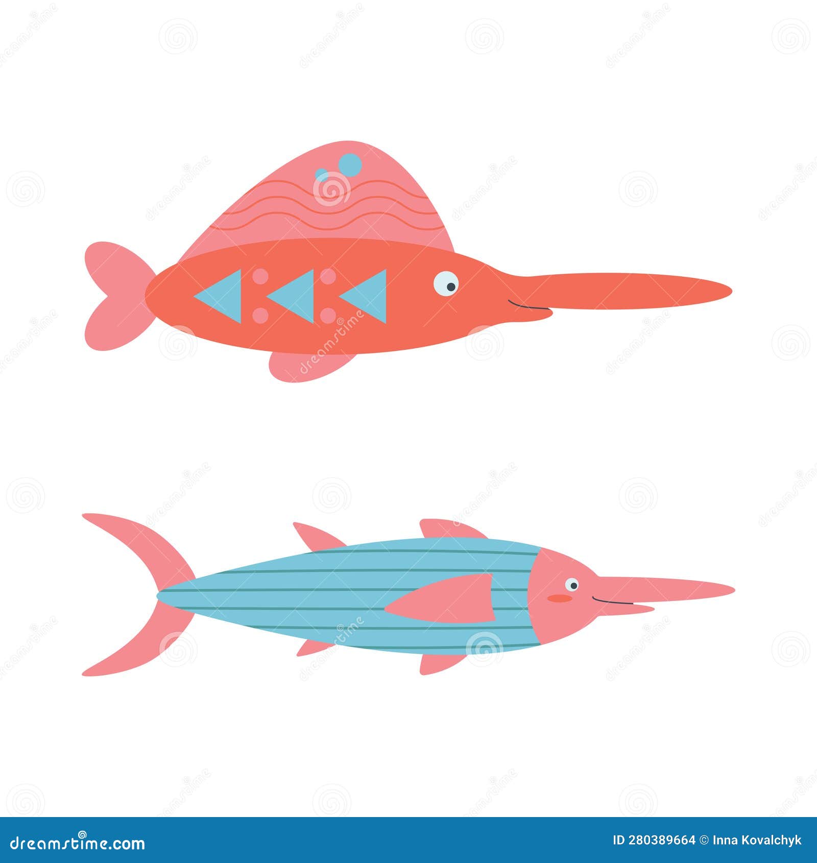 Set of Marine Sword Fish Elements in Flat Cartoon Style Stock Vector ...