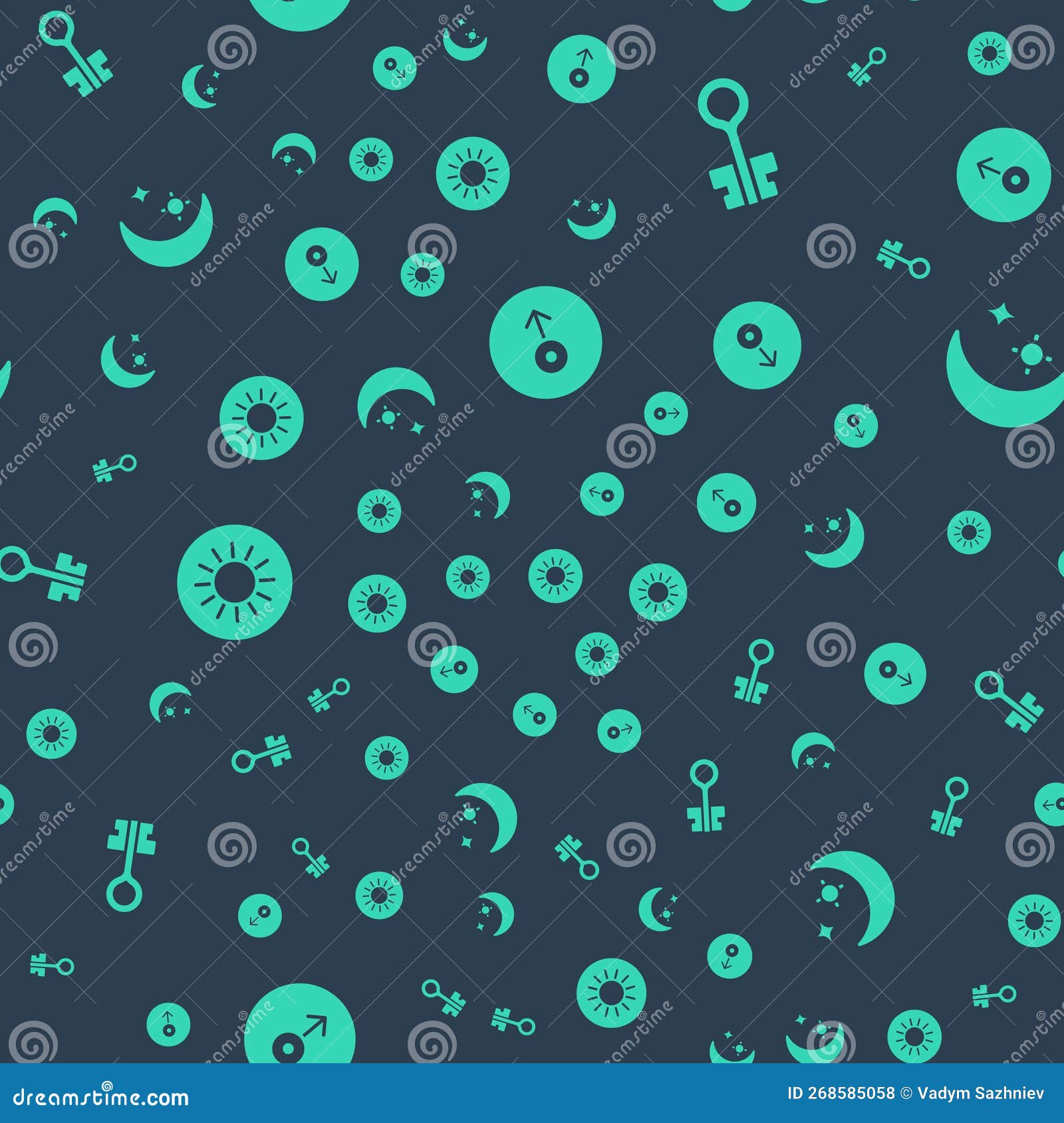 Set Mars Symbol, Old Magic Key, Sun and Moon and Stars on Seamless ...