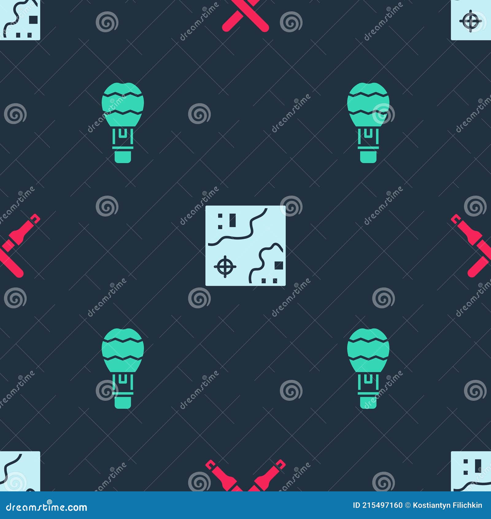 Set Marshalling Wands, World Travel Map and Hot Air Balloon on Seamless ...