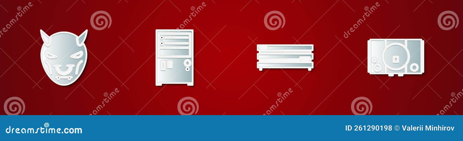 Set Mask of the Devil with Horns, Computer, Video Game Console and Icon ...