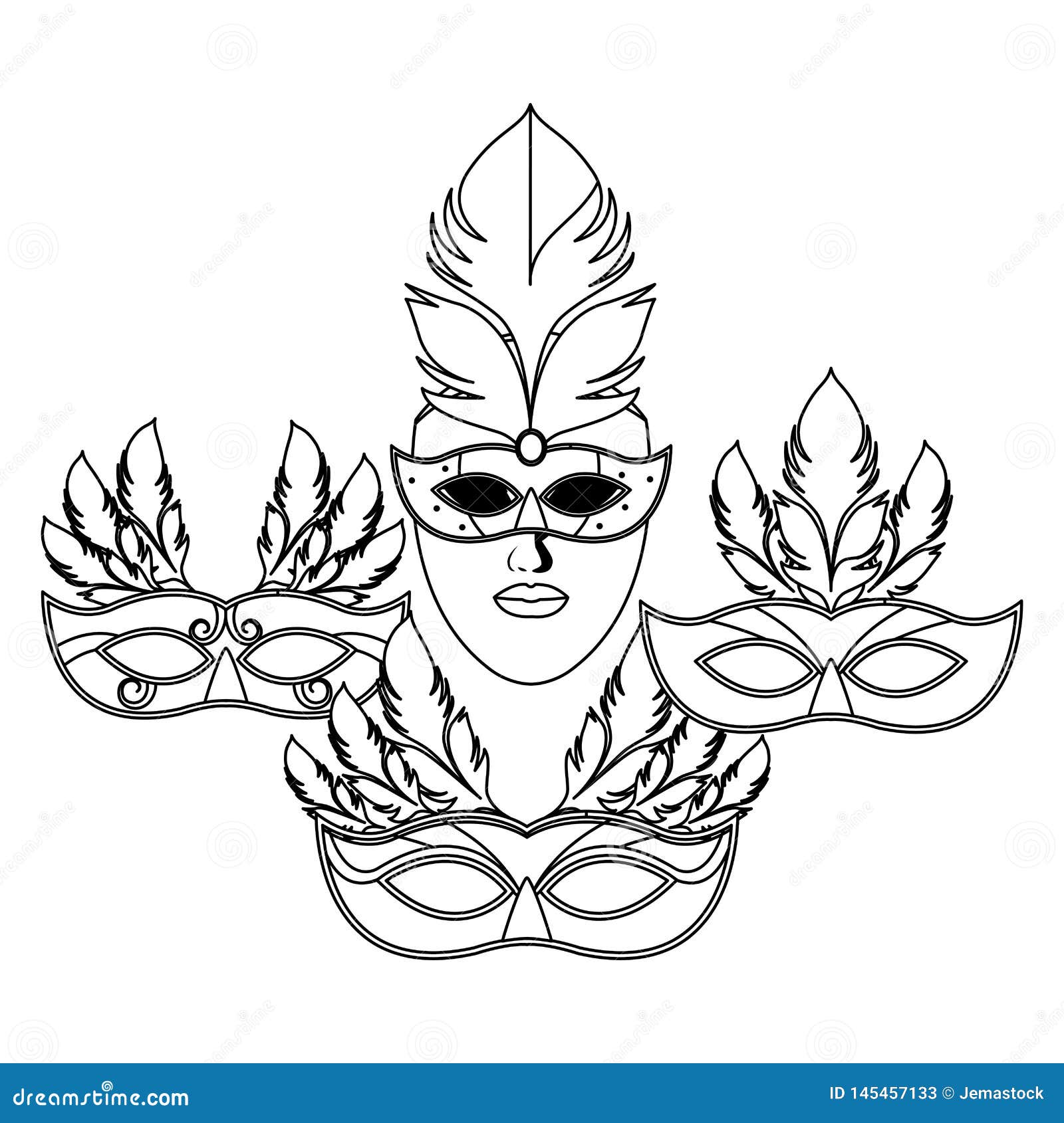 Set of Masks and Feathers Black and White Stock Vector - Illustration ...