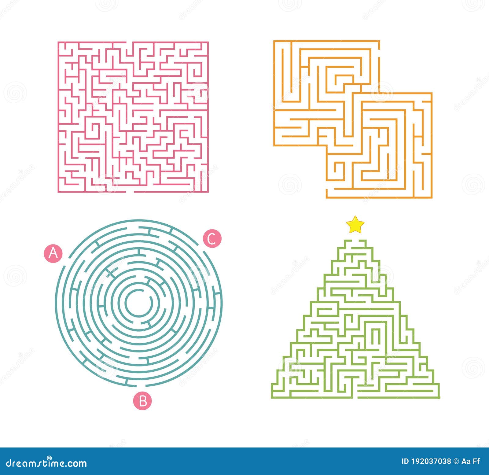 Set of 4 Maze. Labyrinth Shape Design Element. Simple Round, Square and ...