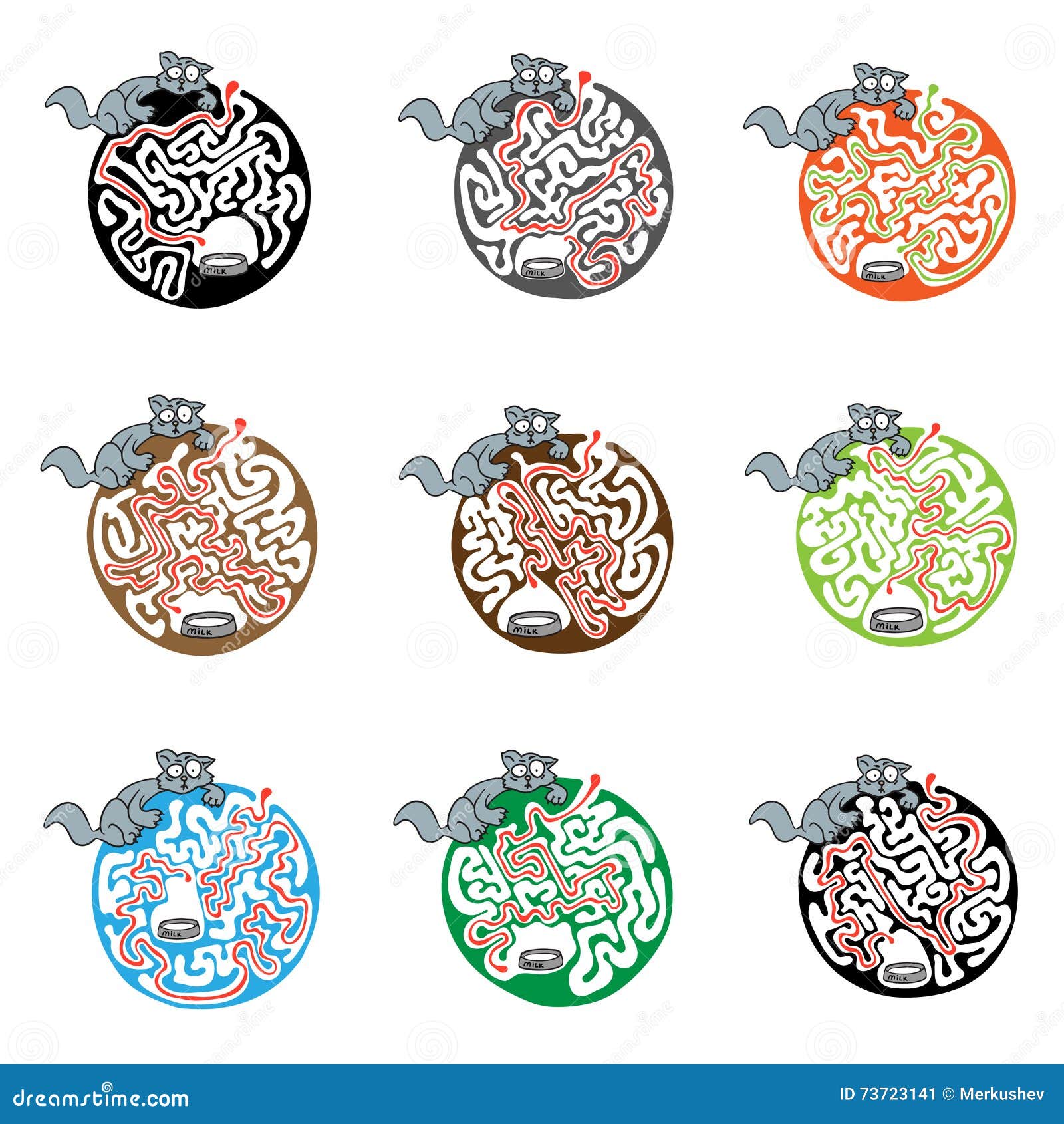 Set of Maze Puzzle for Kids with Cat and Milk. Labyrinth Illustration ...