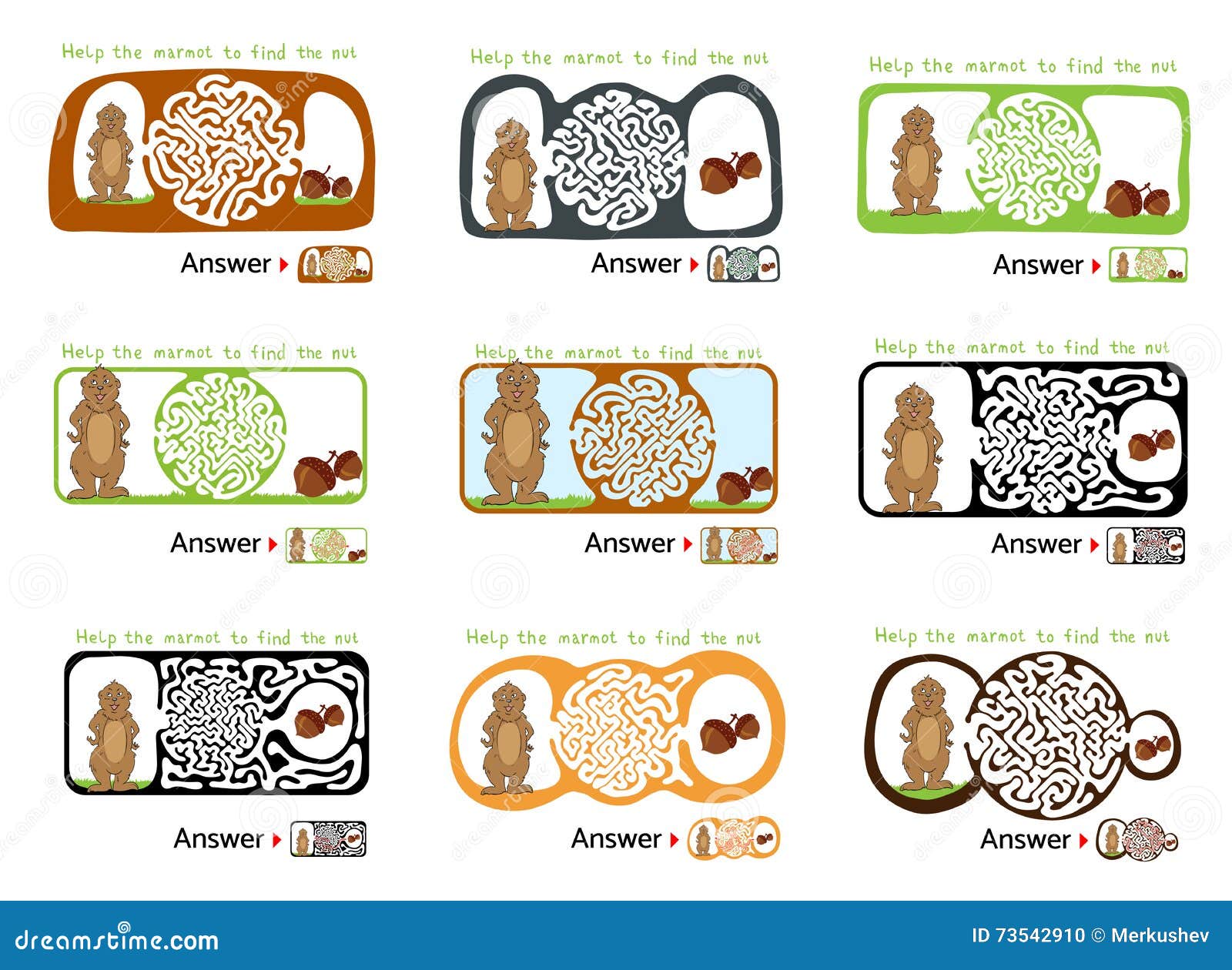 Set of Maze Puzzle for Kids with Marmot and Nut. Labyrinth Illustration ...