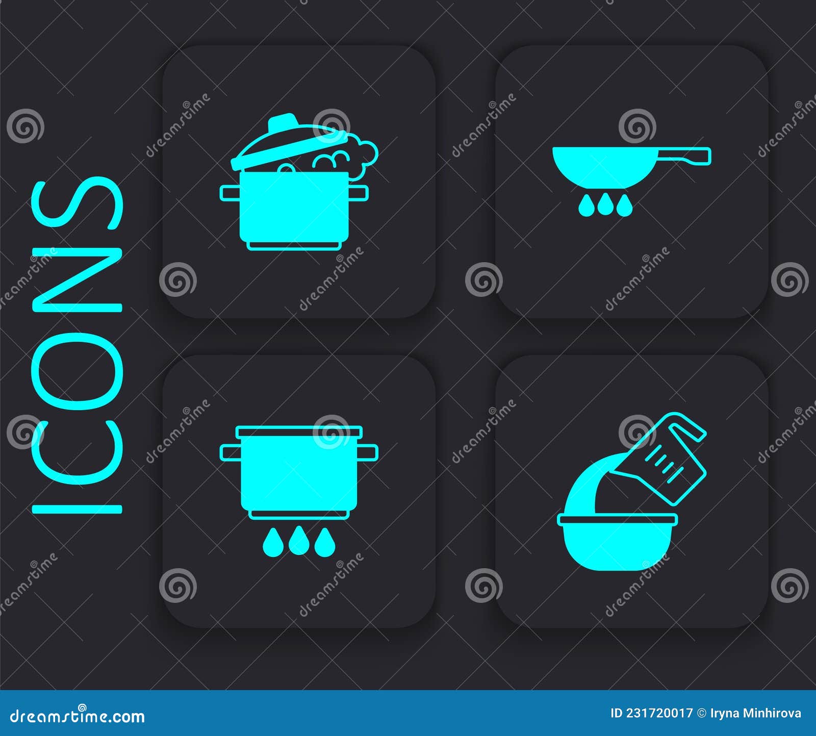 Set Measuring Cup and Bowl, Cooking Pot, Frying Pan on Fire and Icon ...