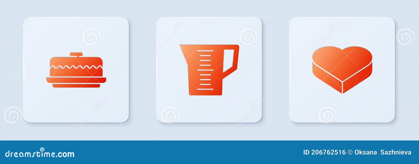 Set Measuring Cup, Cake and Candy Heart Shaped Box. White Square Button ...