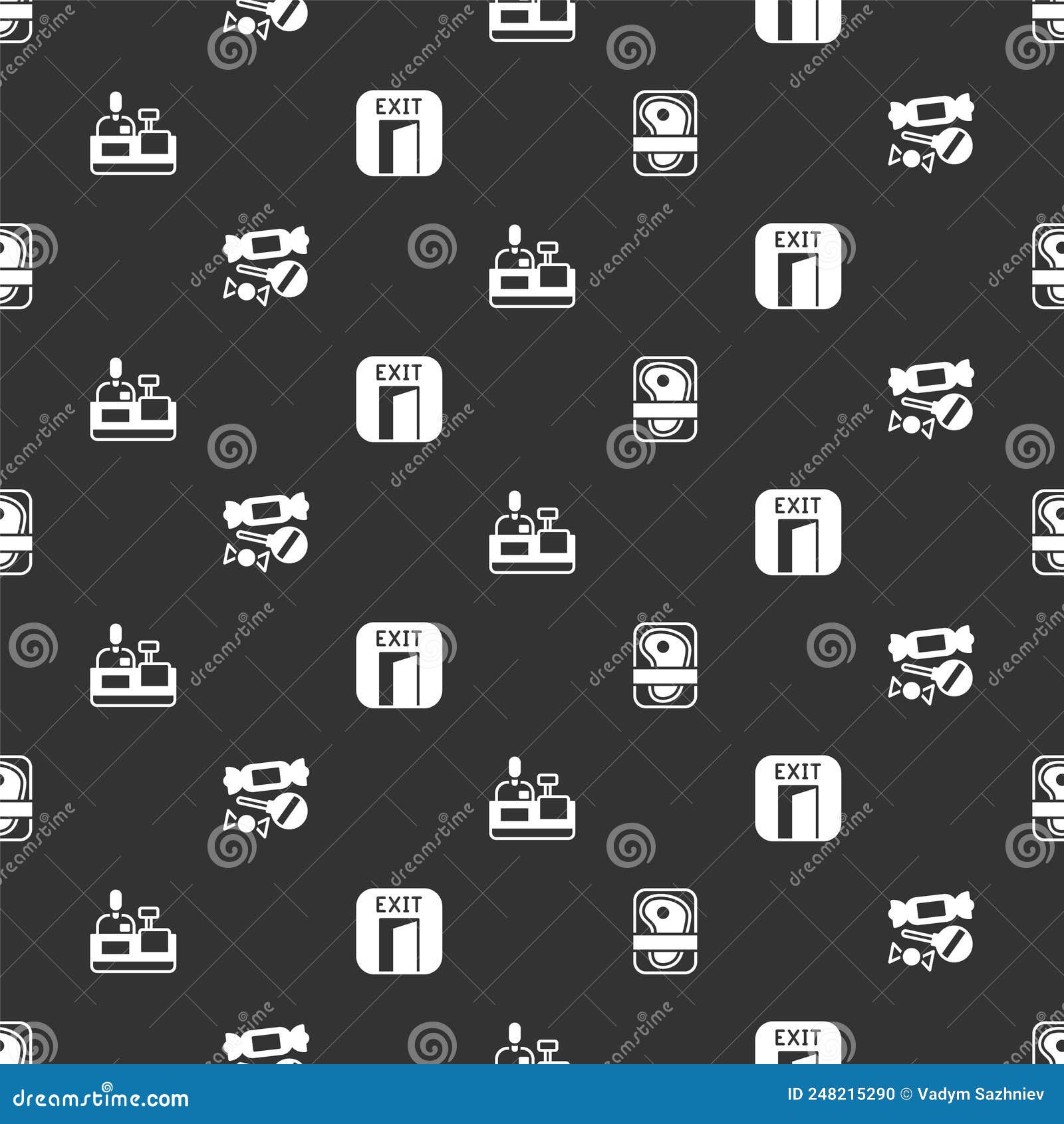 Set Meat Packaging Steak, Candy, Cashier Cash Register and Fire Exit on ...