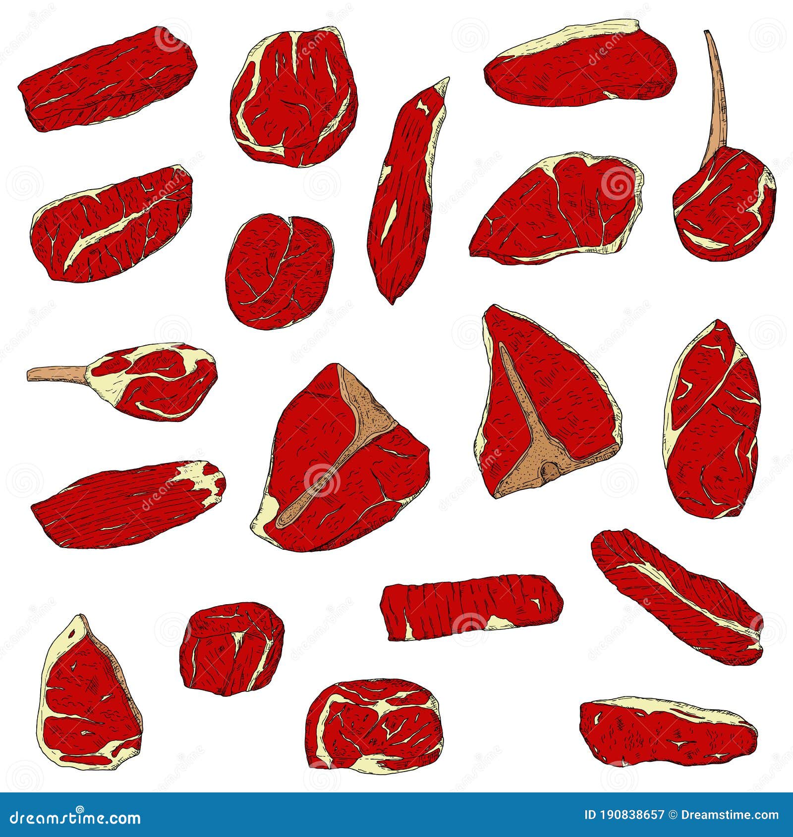 Set of Meat Steaks. Vector Cartoon Illustrations. Isolated Objects on ...