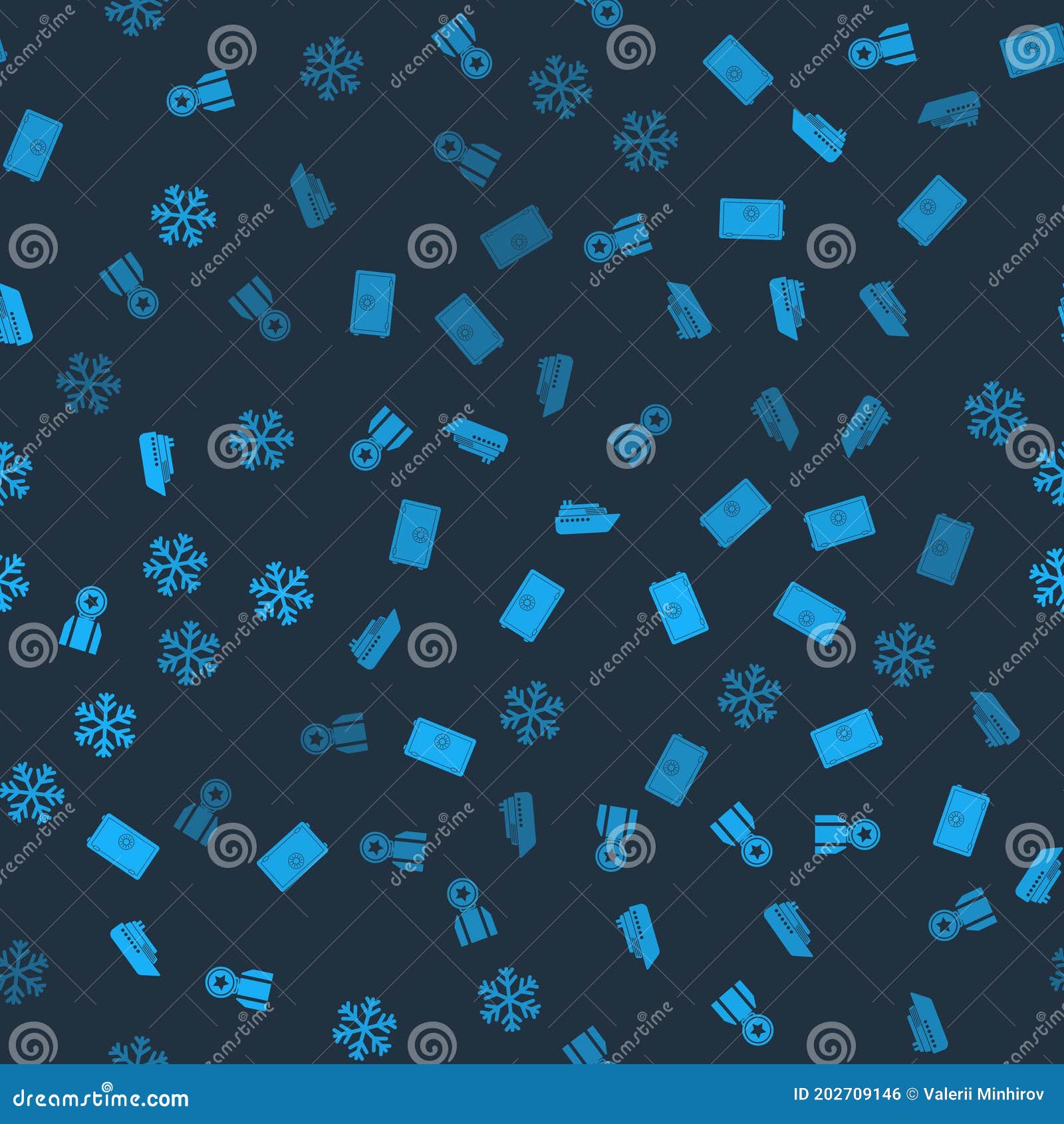 Set Medal with Star, Safe, Ship and Snowflake on Seamless Pattern ...