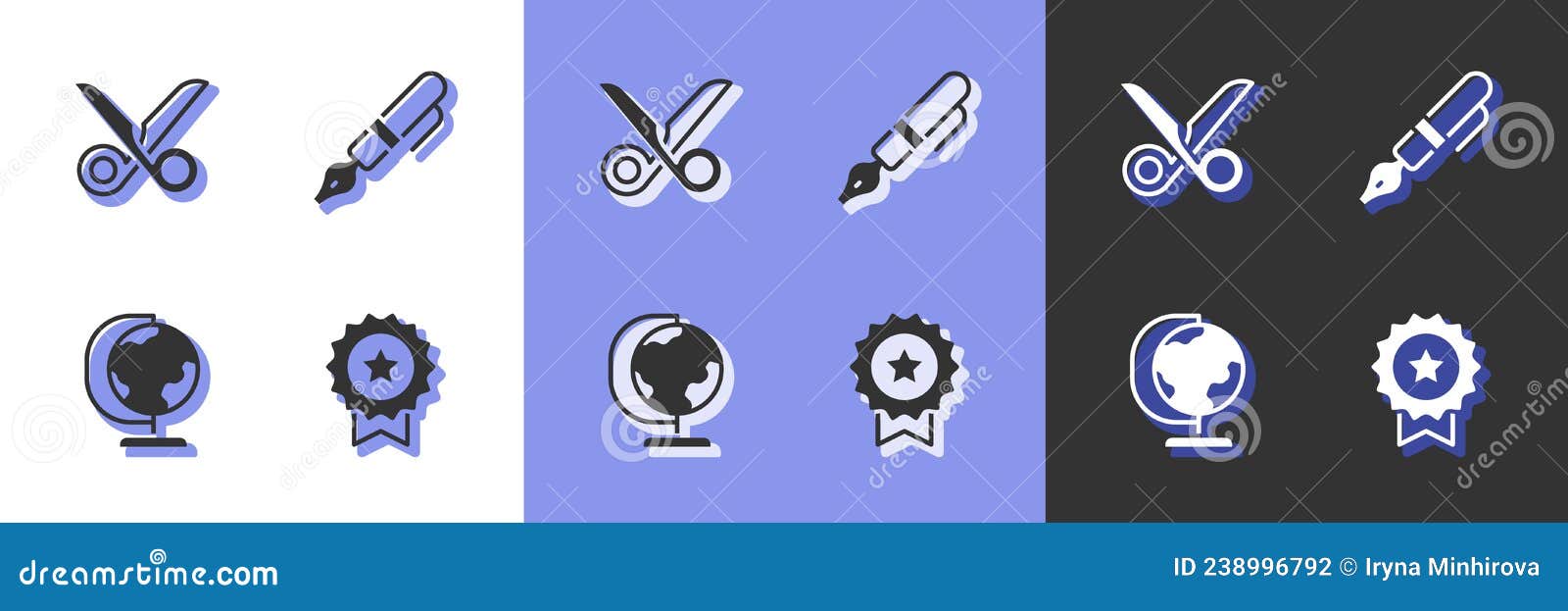 Set Medal with Star, Scissors, Earth Globe and Fountain Pen Nib Icon ... Set Medal with Star, Scissors, Earth Globe and Fountain Pen Nib Icon ...