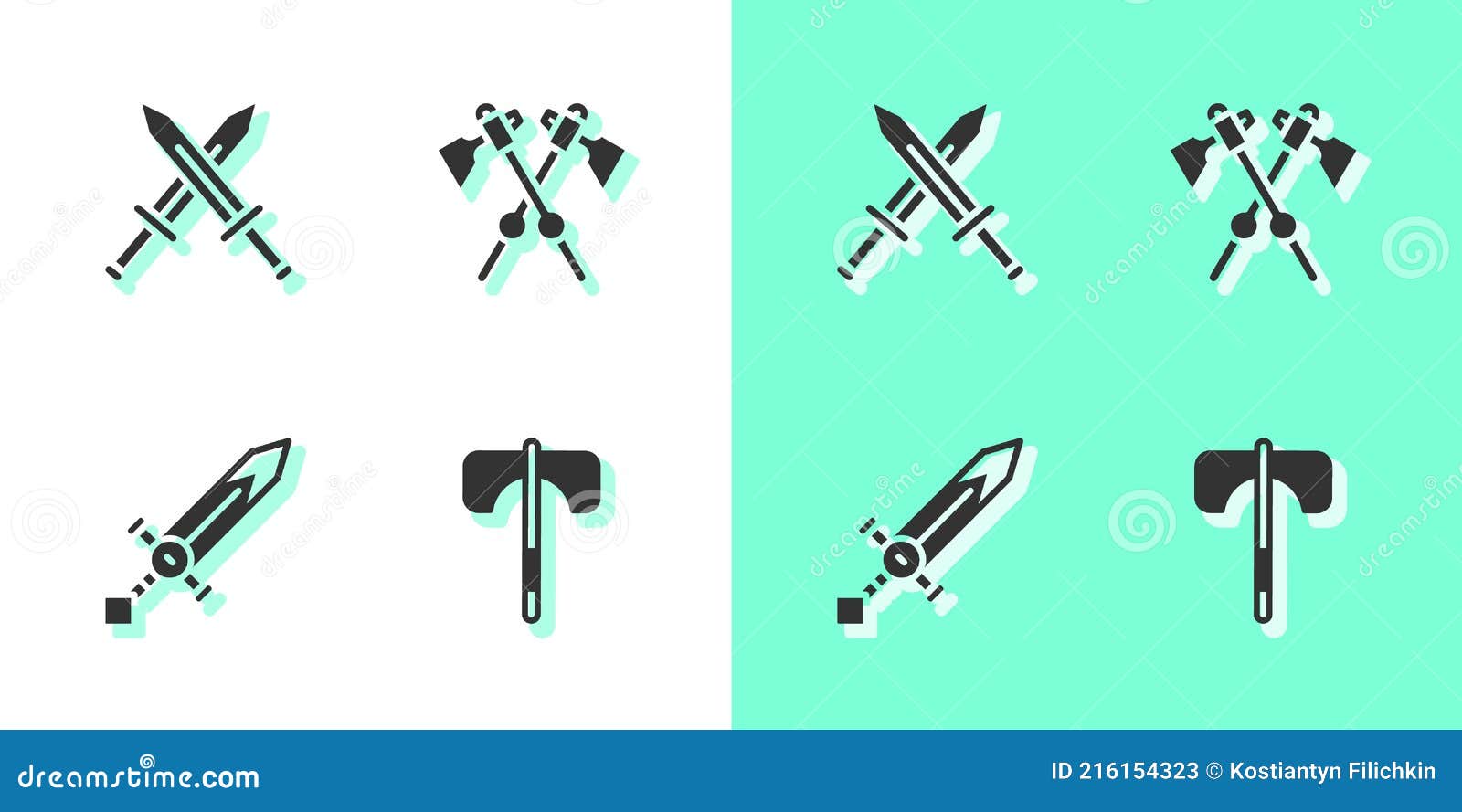 Set Medieval Axe, Crossed Medieval Sword, and Axes Icon. Vector Stock ...