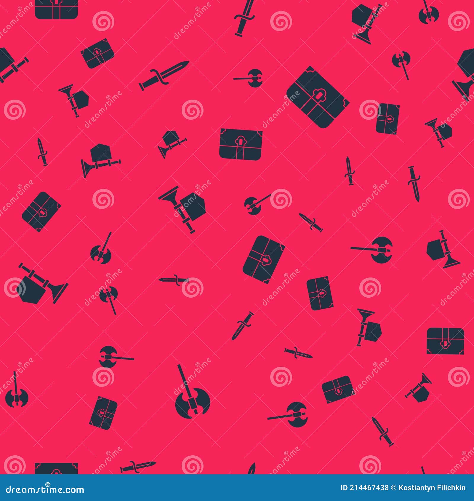 Set Medieval Axe, Dagger, Trumpet with Flag and Antique Treasure Chest ...