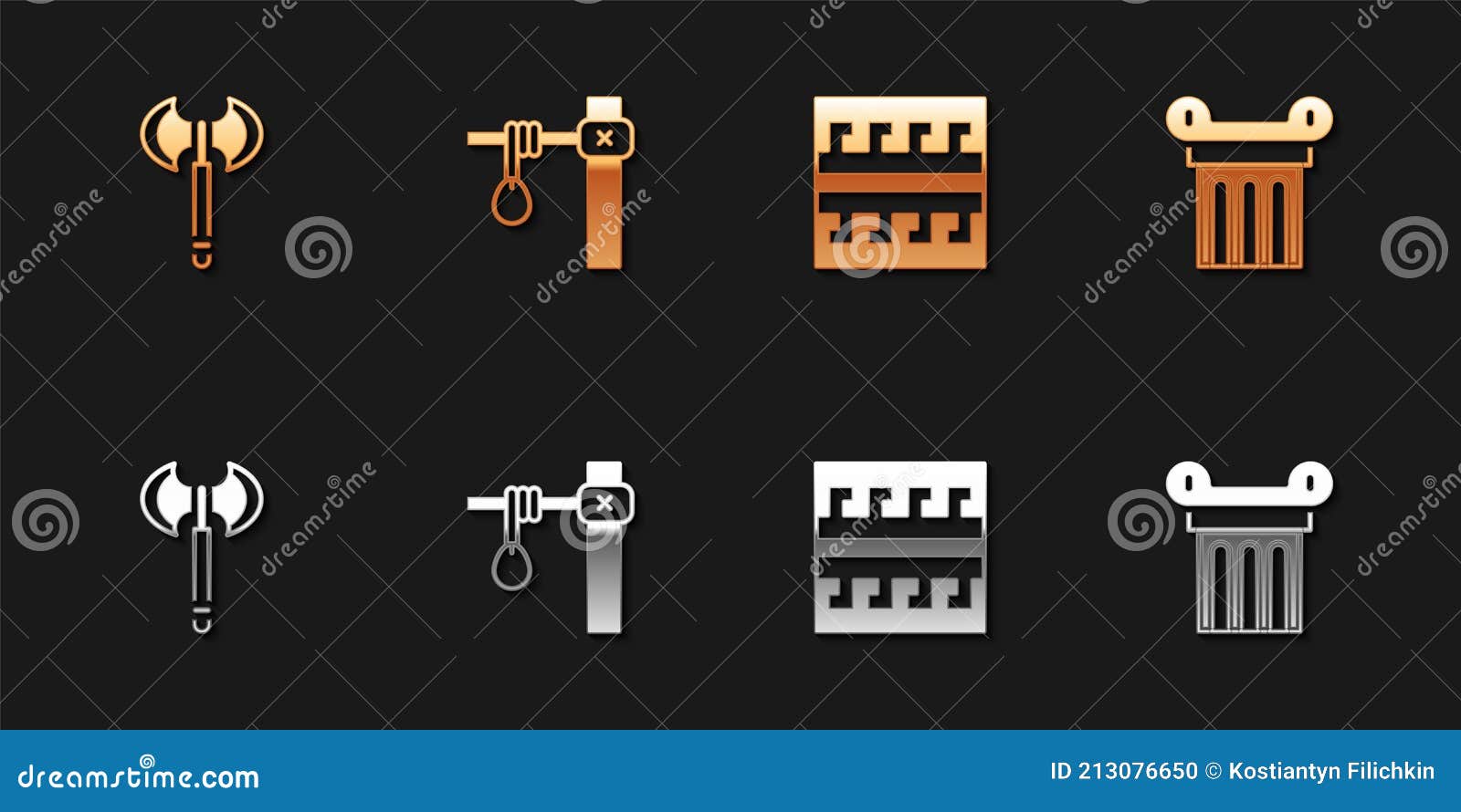 Set Medieval Axe, Gallows, Ancient Greek Pattern and Column Icon ...