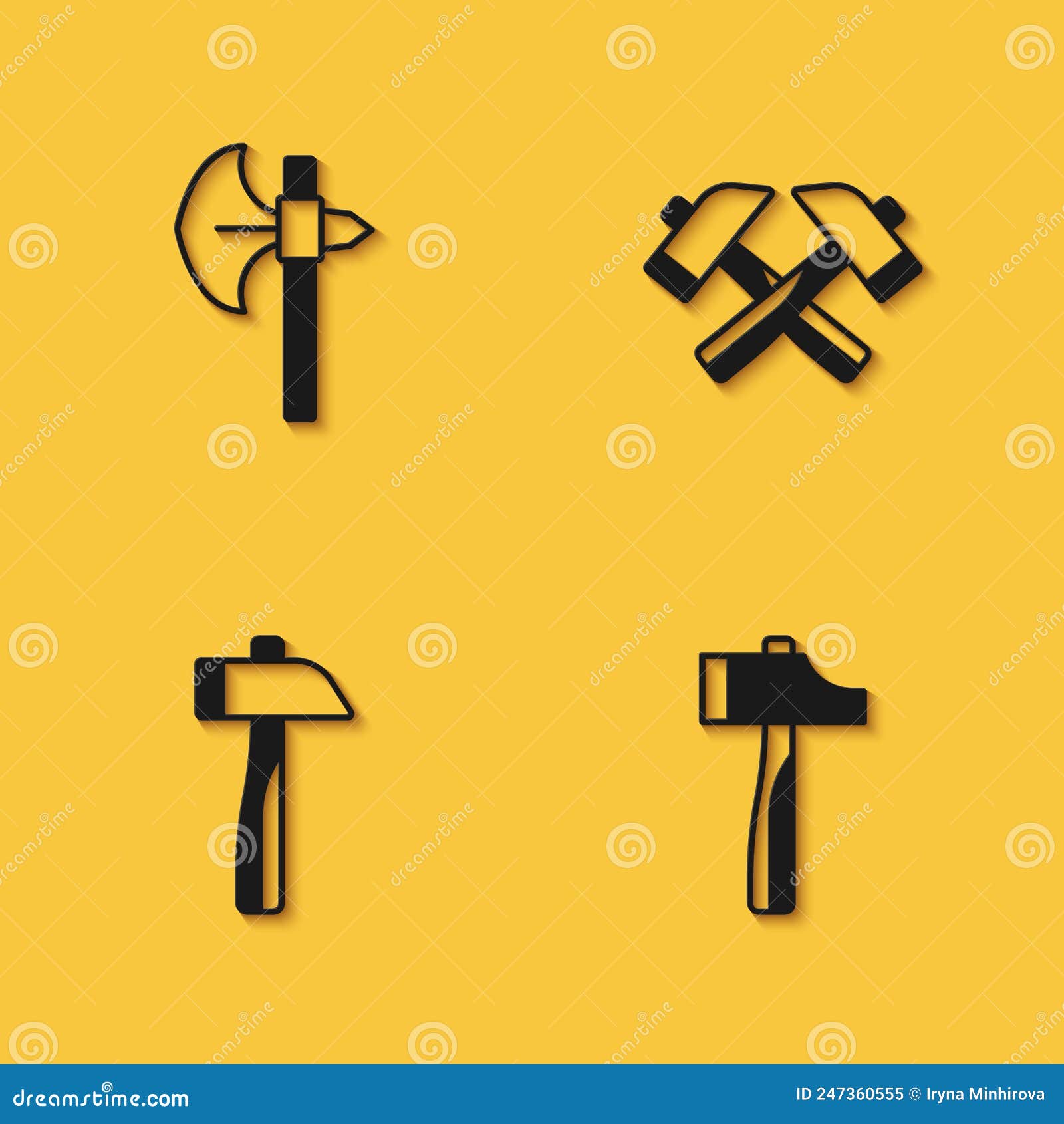 Set Medieval Axe, Hammer, and Crossed Hammer Icon with Long Shadow ...
