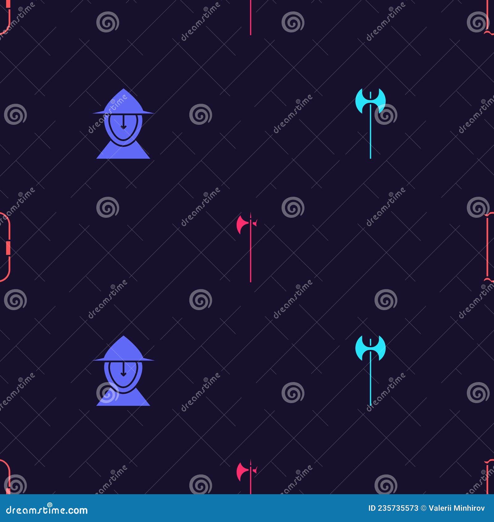 Set Medieval Axe, Iron Helmet, Halberd and Bow on Seamless Pattern ...