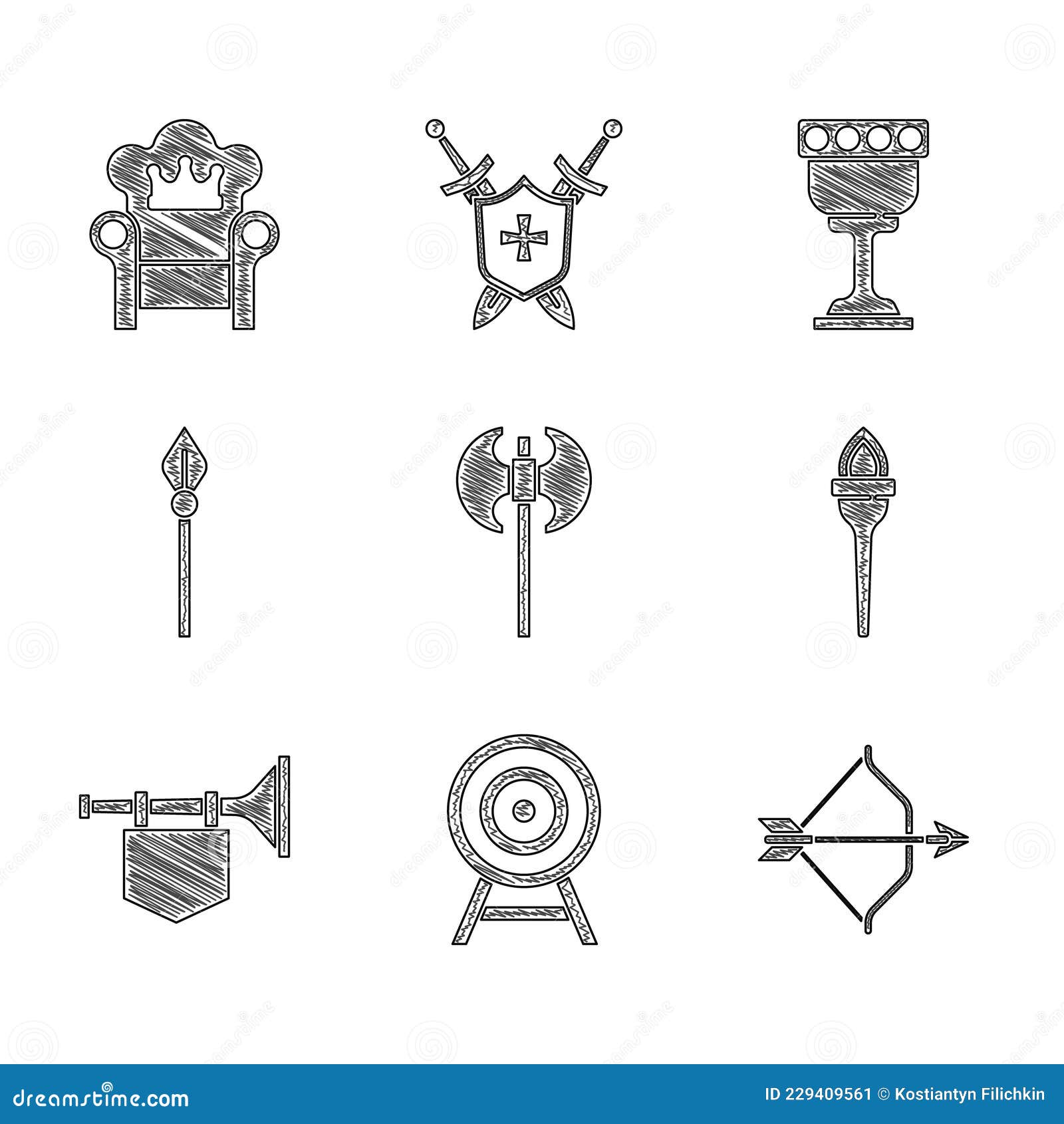 Set Medieval Axe, Target with Arrow, Bow and, Torch Flame, Trumpet Flag ...