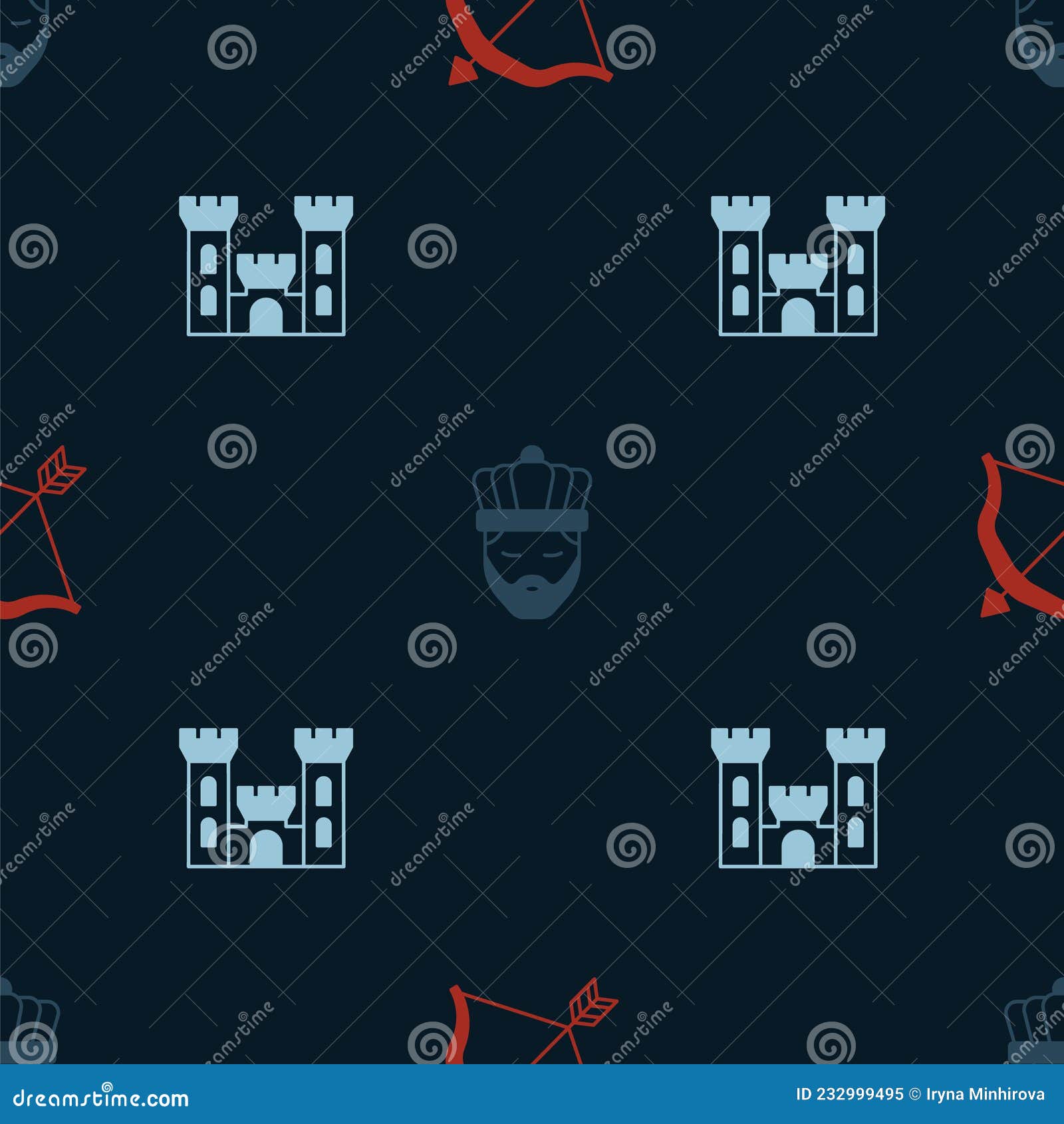 Set Medieval Bow and Arrow, King with Crown and Castle on Seamless ...